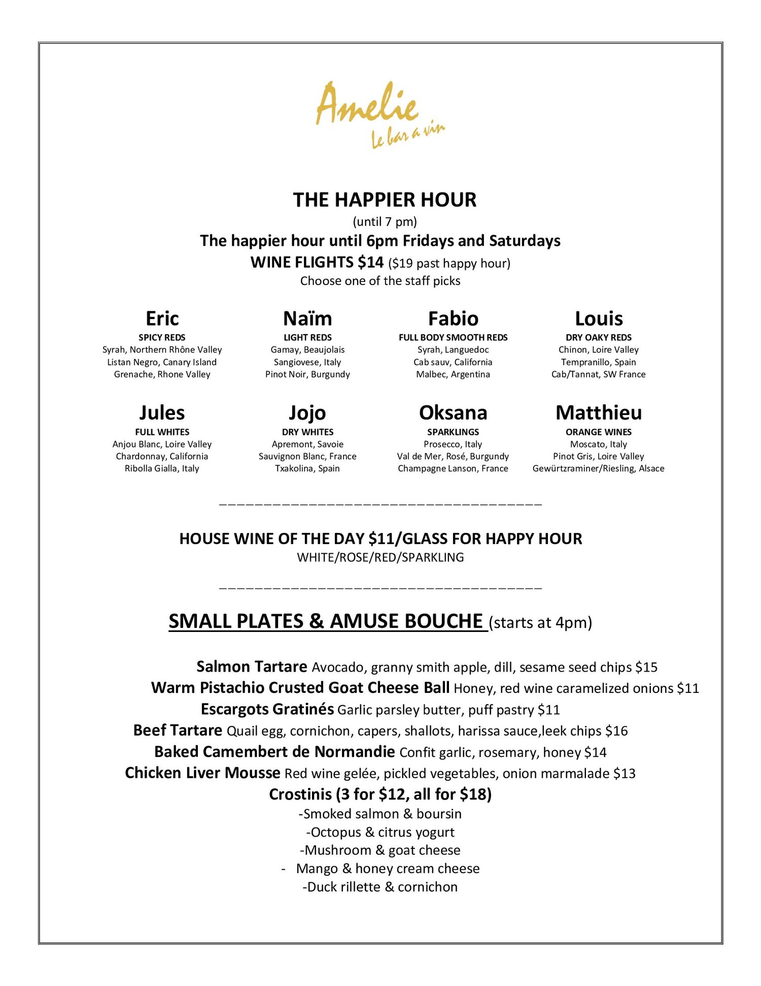 Menu — Amelie wine bar