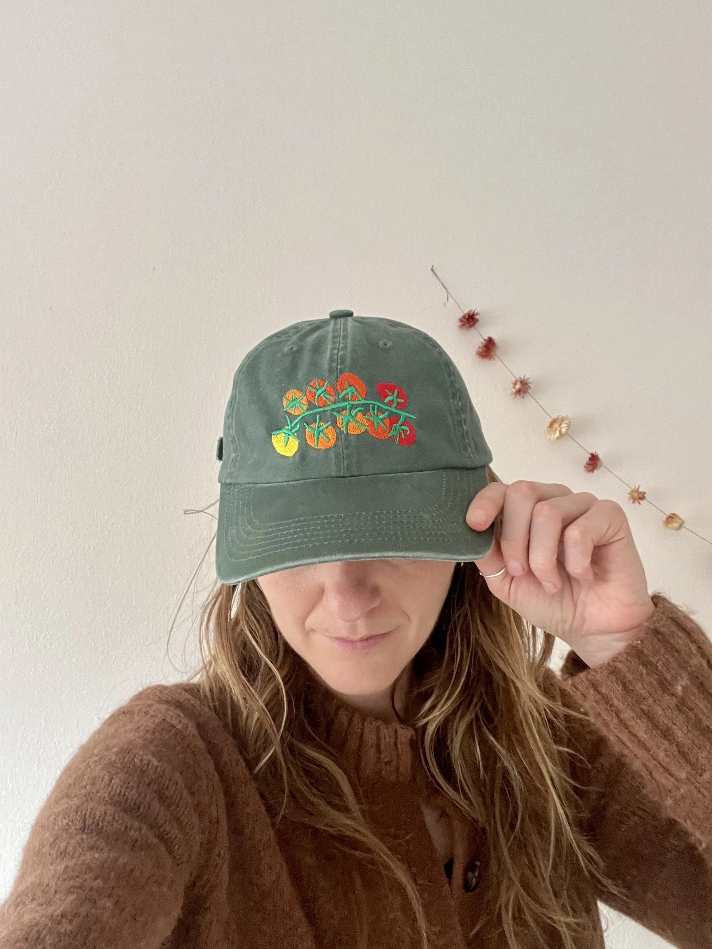 Embroidered Tomato Hat - Unique Forest Green Design — Aly Miller Designs