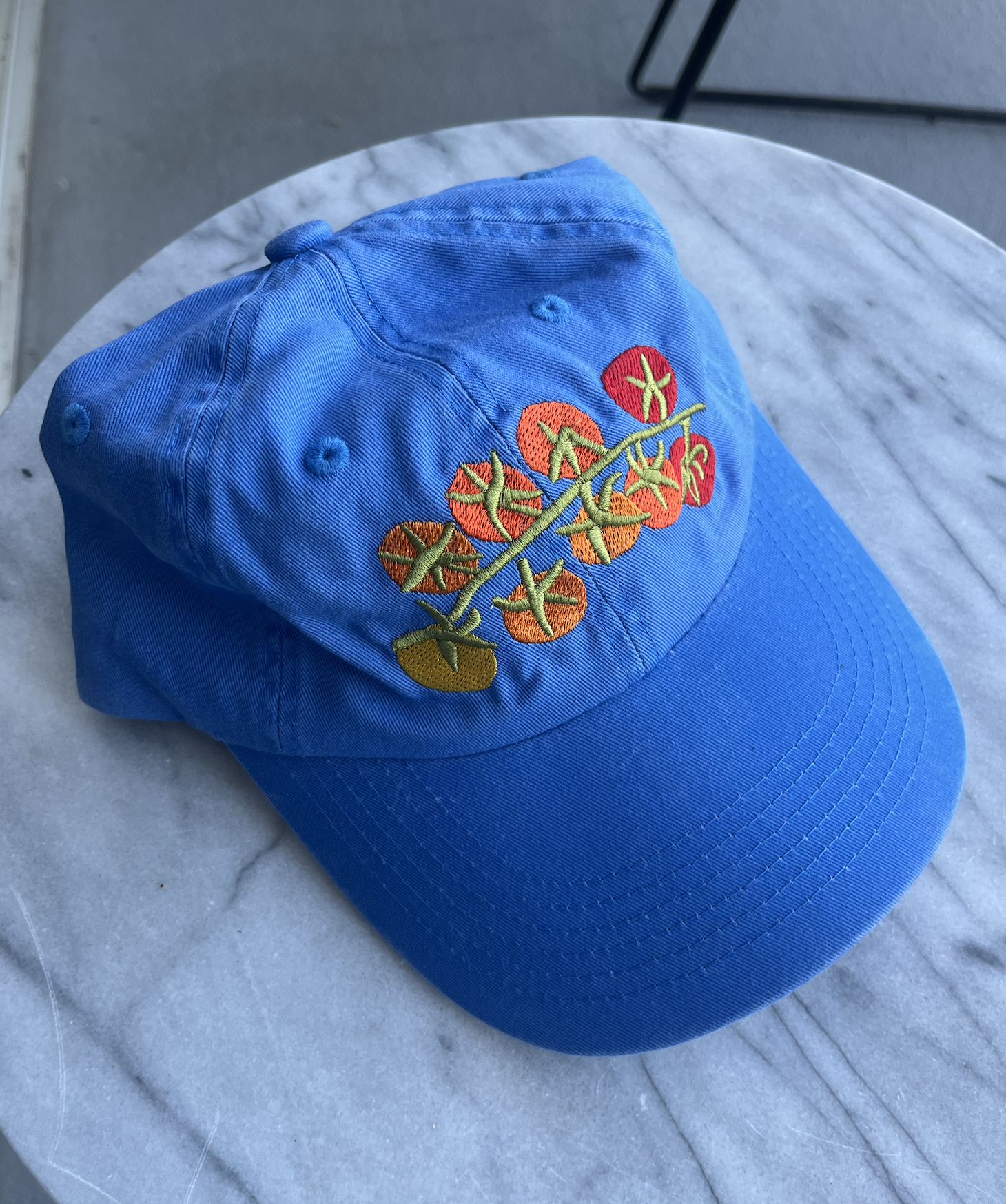 Embroidered Tomato Hat in Washed Blue — Aly Miller Designs