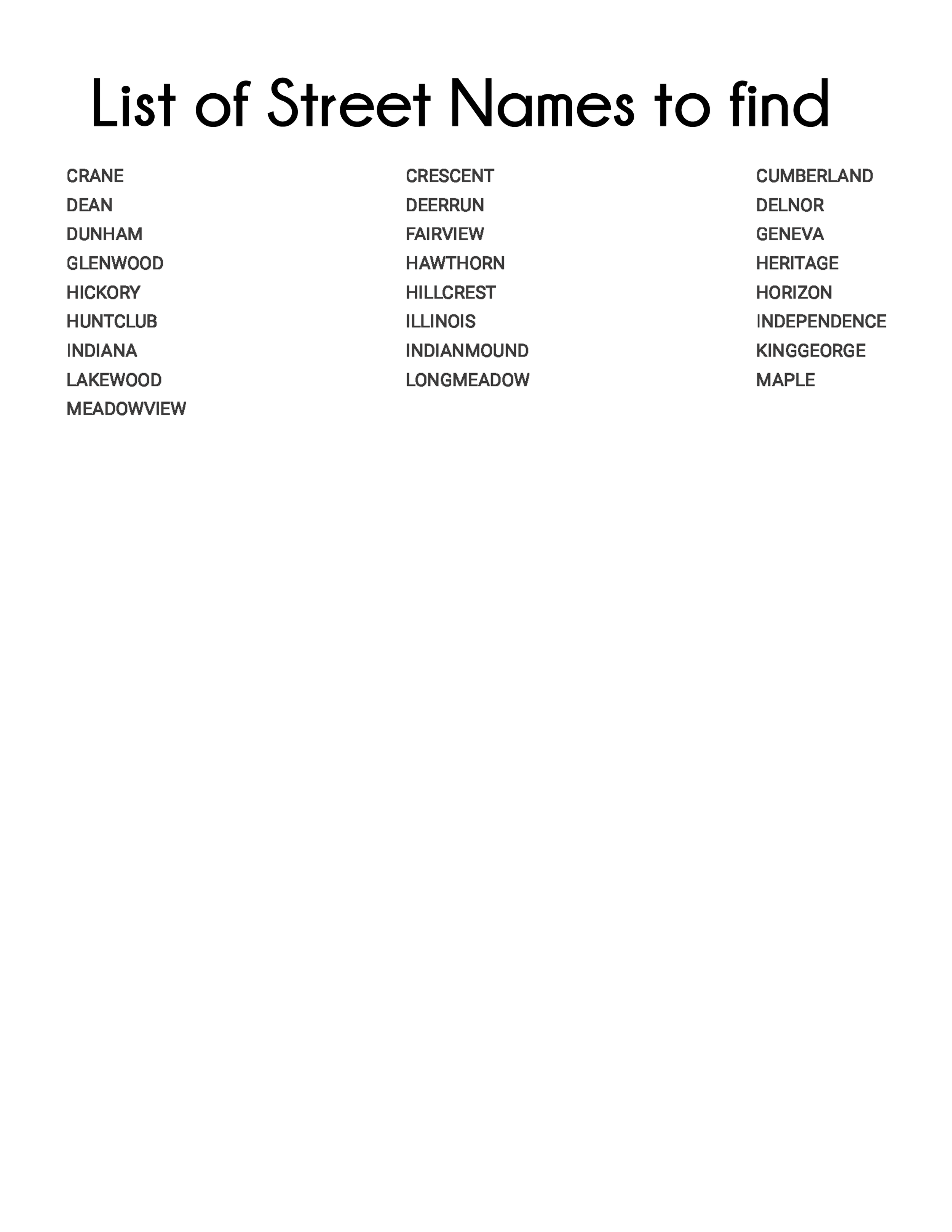 Word Puzzle - Street Names — St. Charles History Museum