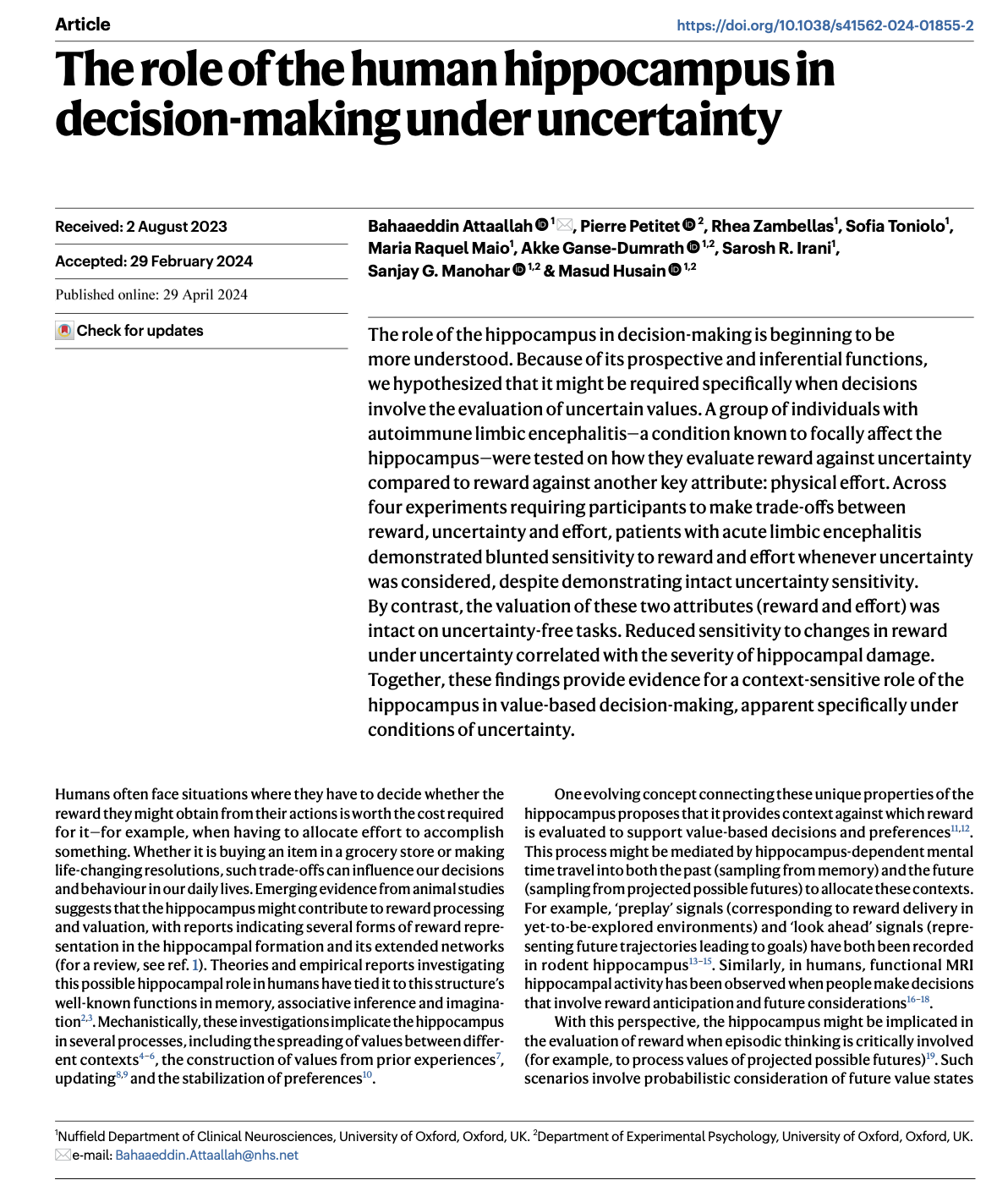 Masud Husain | Cognitive Neurology, UNIVERSITY OF OXFORD