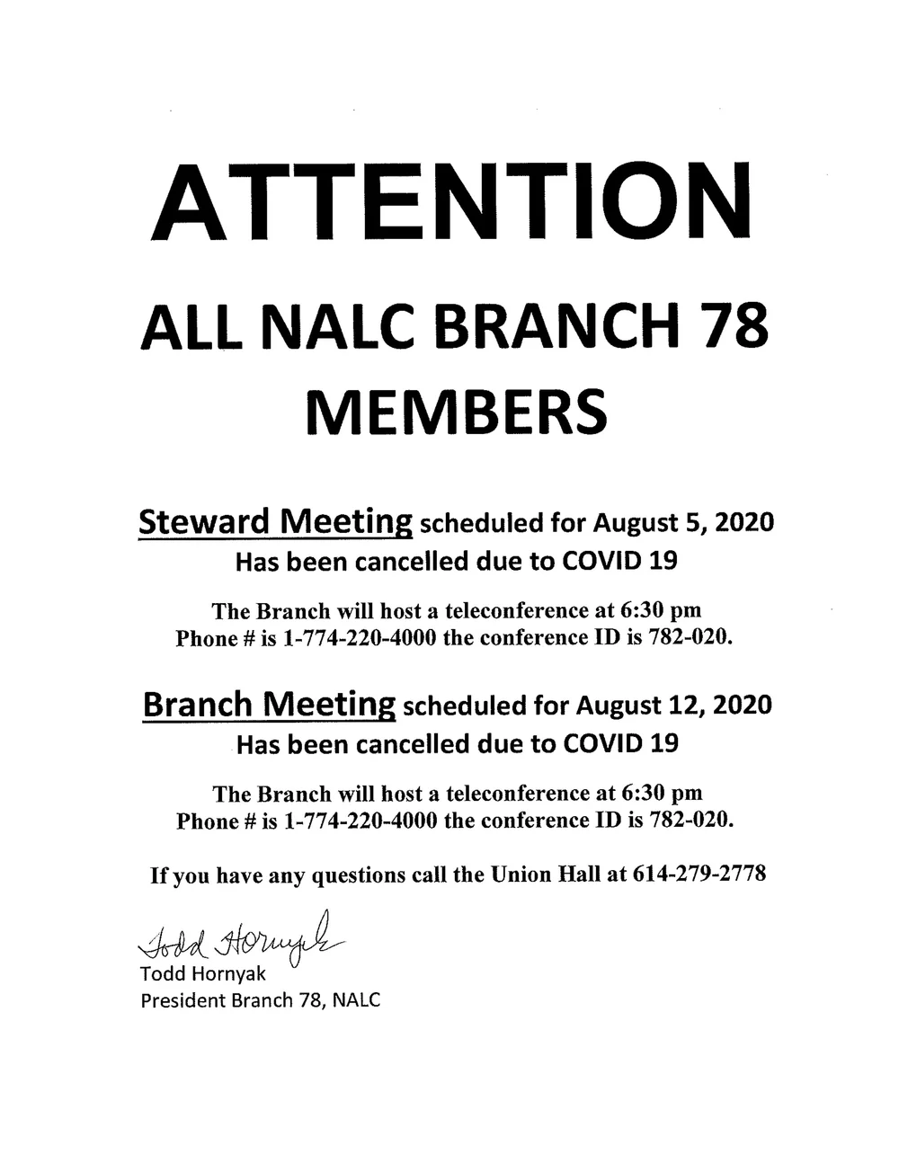 Stewards Meeting - TELECON ONLY — NALC Buckeye Branch 78 Columbus Ohio