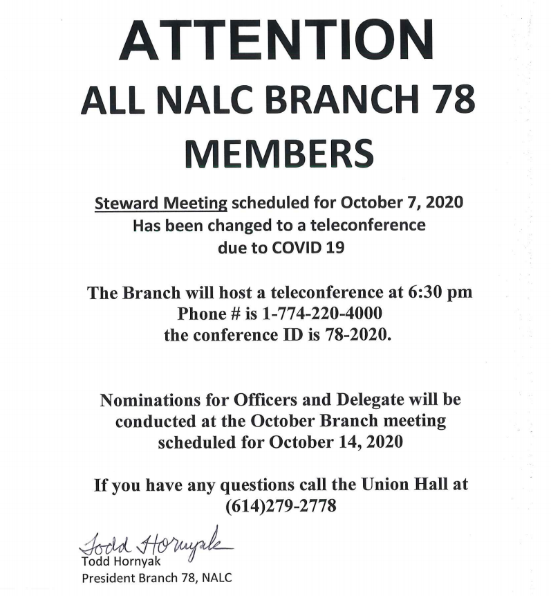 Stewards Meeting — NALC Buckeye Branch 78 Columbus Ohio