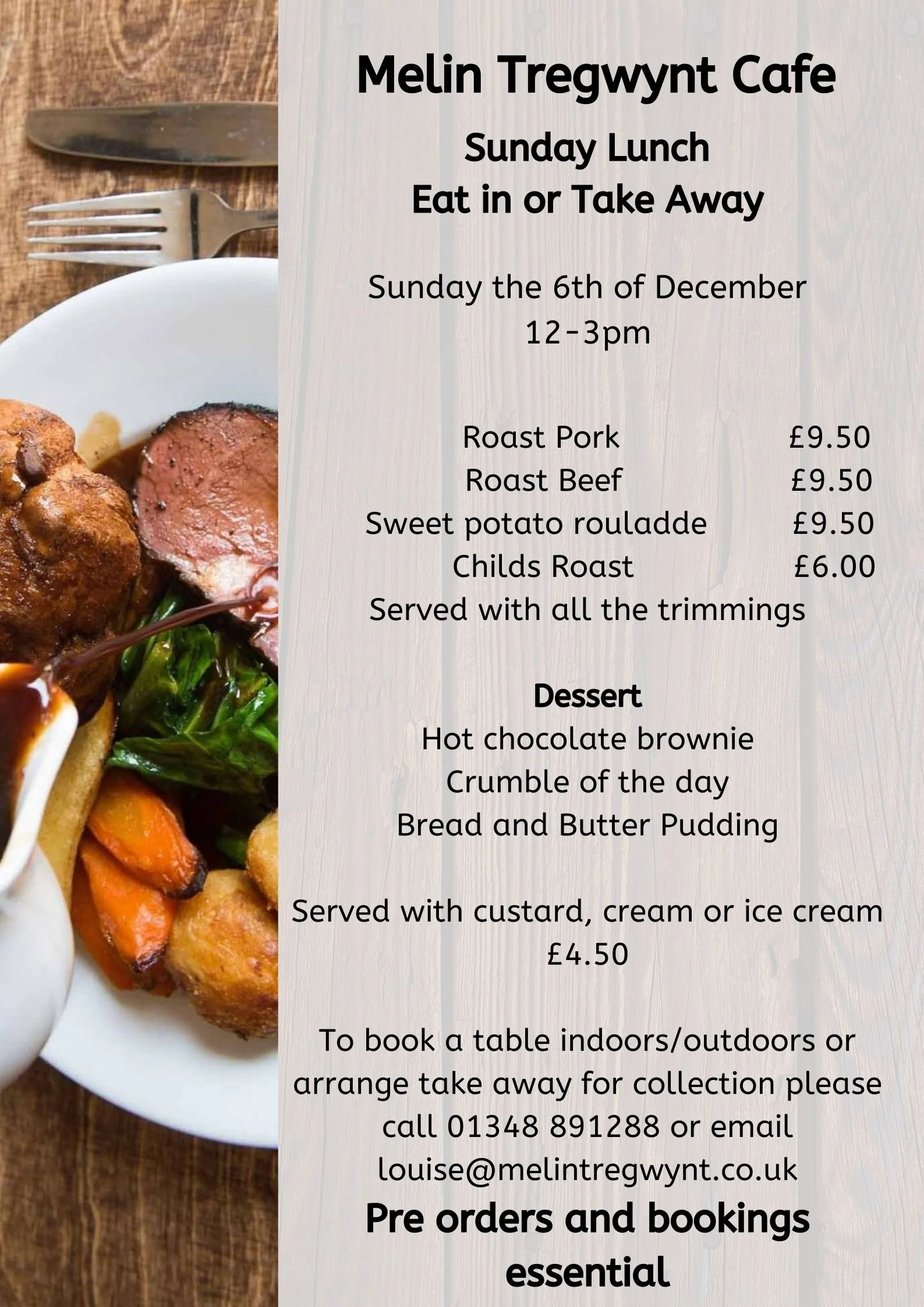 Sunday Roast menu — Melin Tregwynt