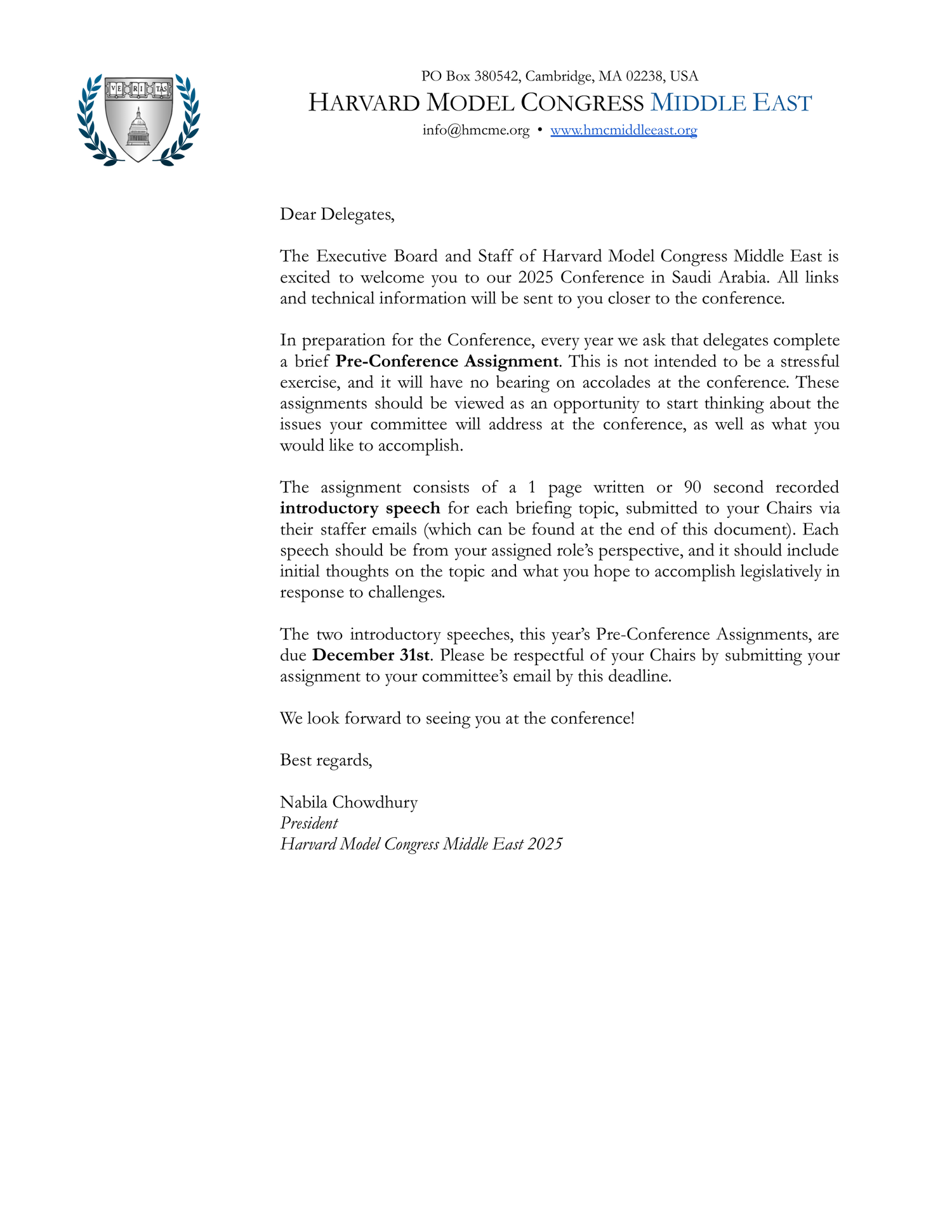 Pre-Conference Assignment — Harvard Model Congress Middle East