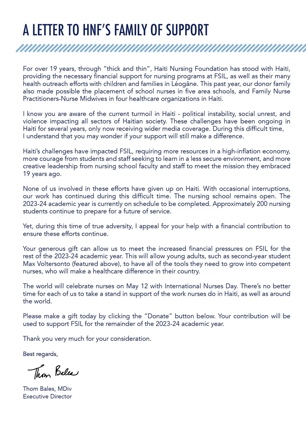 Thom's Letter — Haiti Nursing Foundation