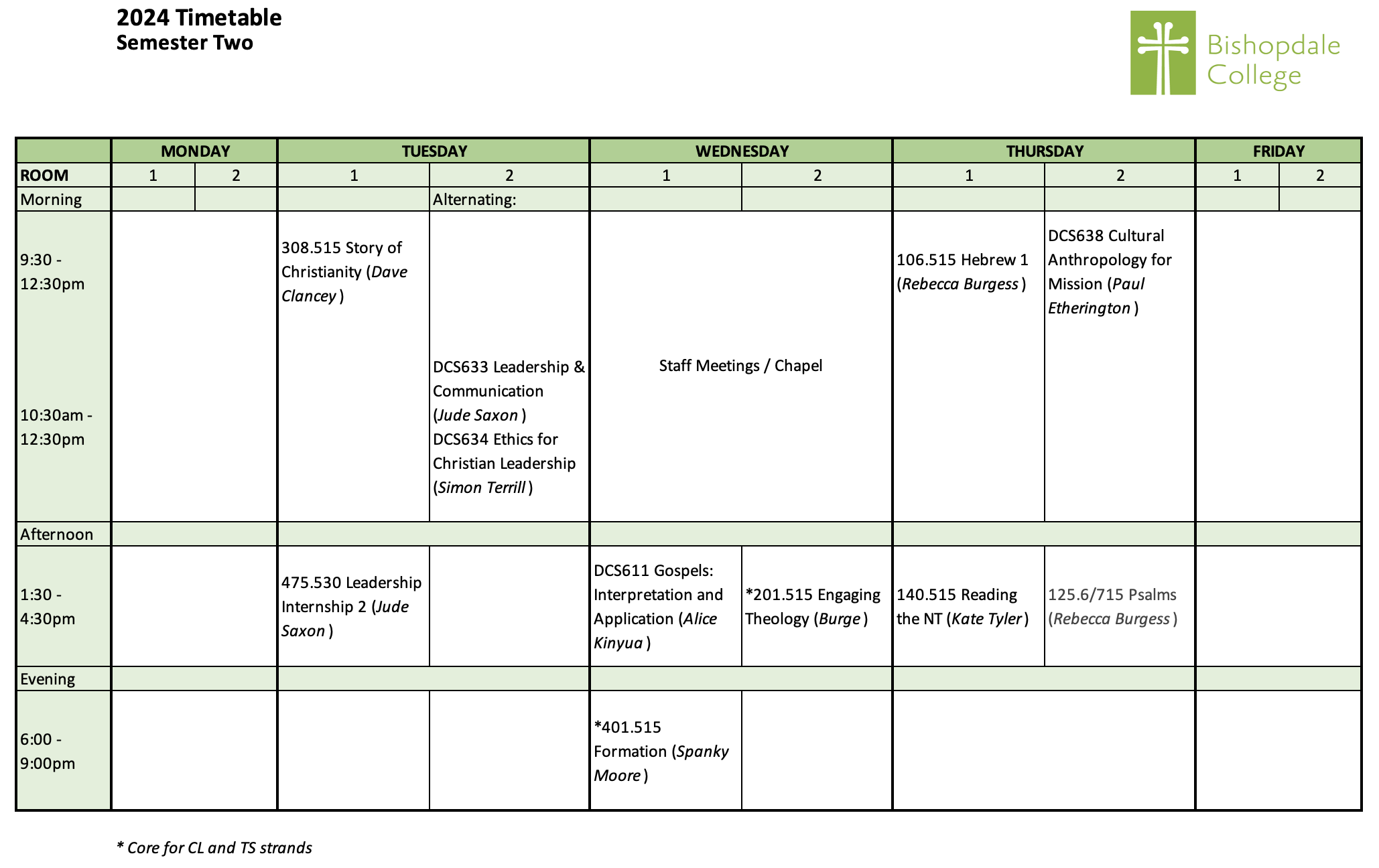 2024 Lecture Timetable — Bishopdale College