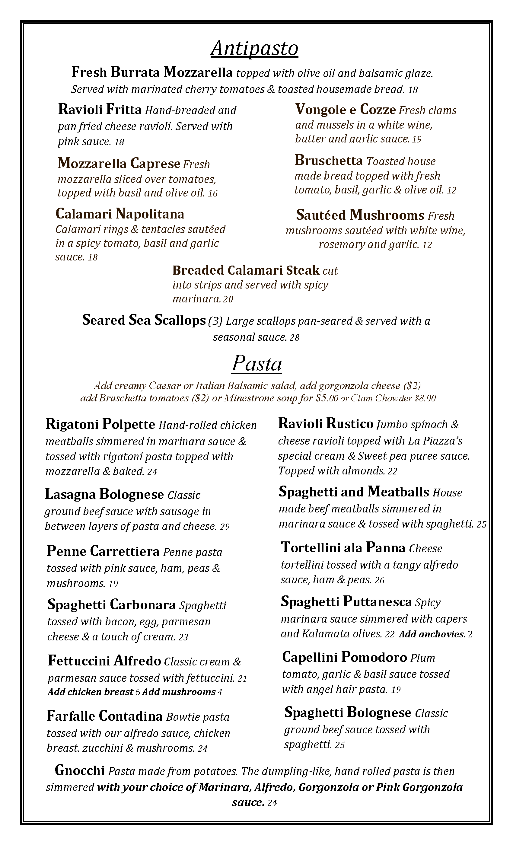 Menu — La Piazza Italian Restaurant Tulare, CA