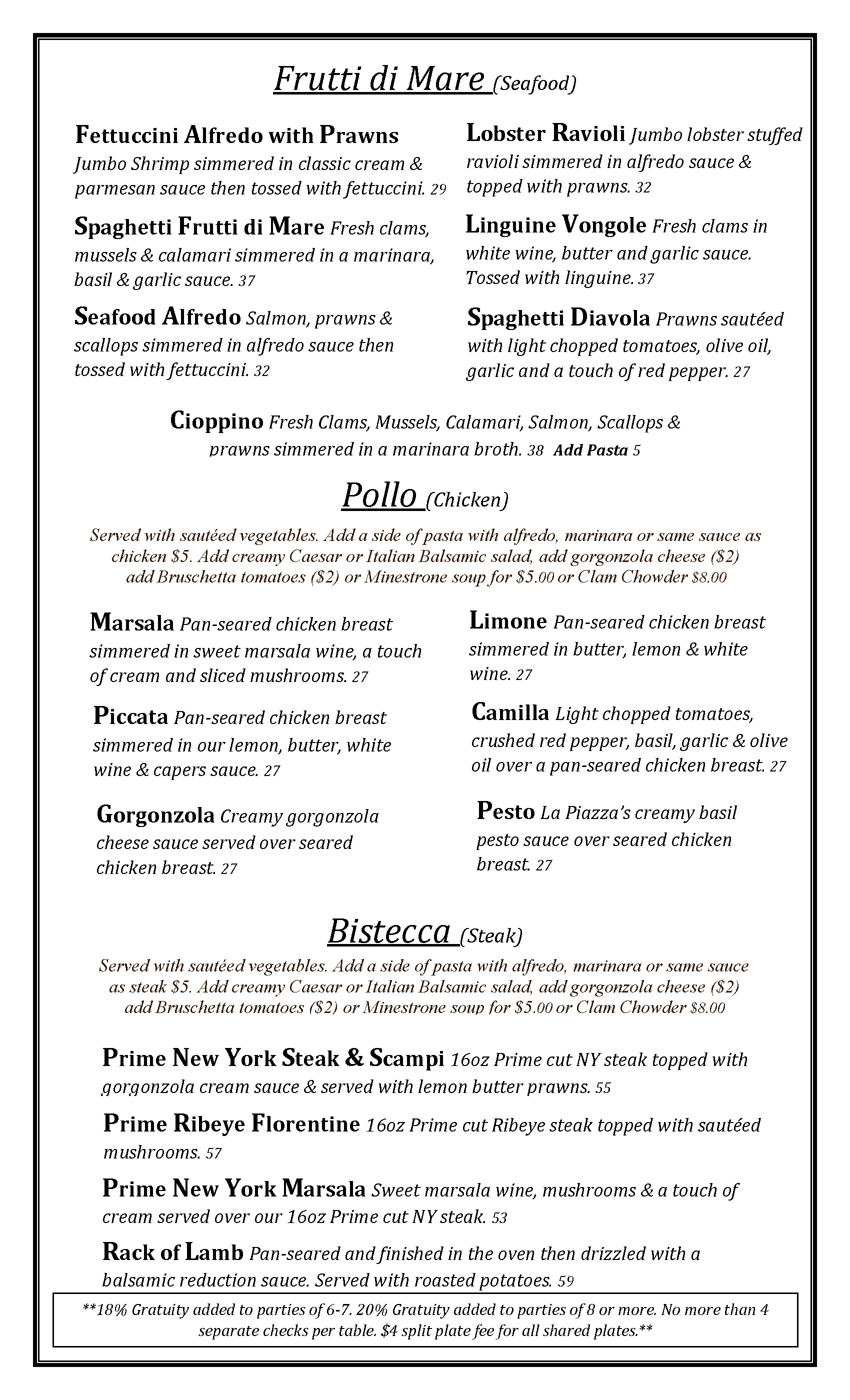 Menu — La Piazza Italian Restaurant Tulare, CA