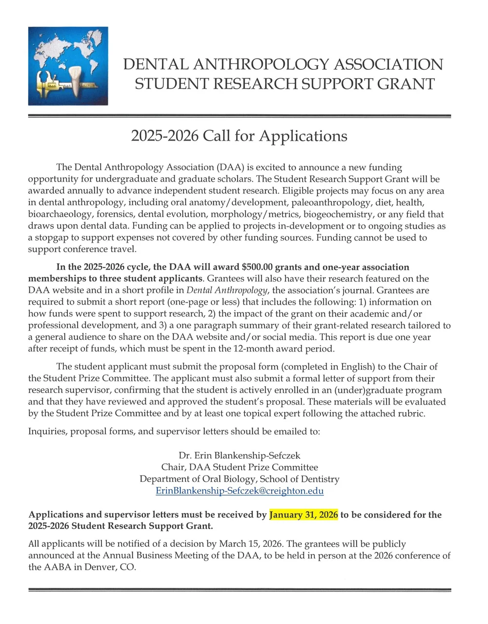 Student Research Support Grant — Dental Anthropology Association