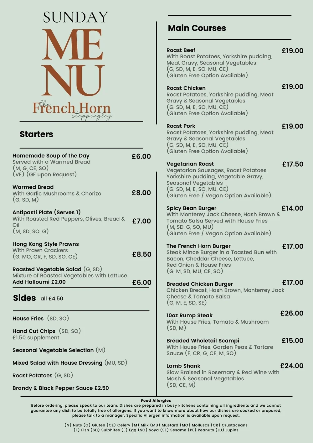 Our Menu — The French Horn The White Horse Husborne Crawley