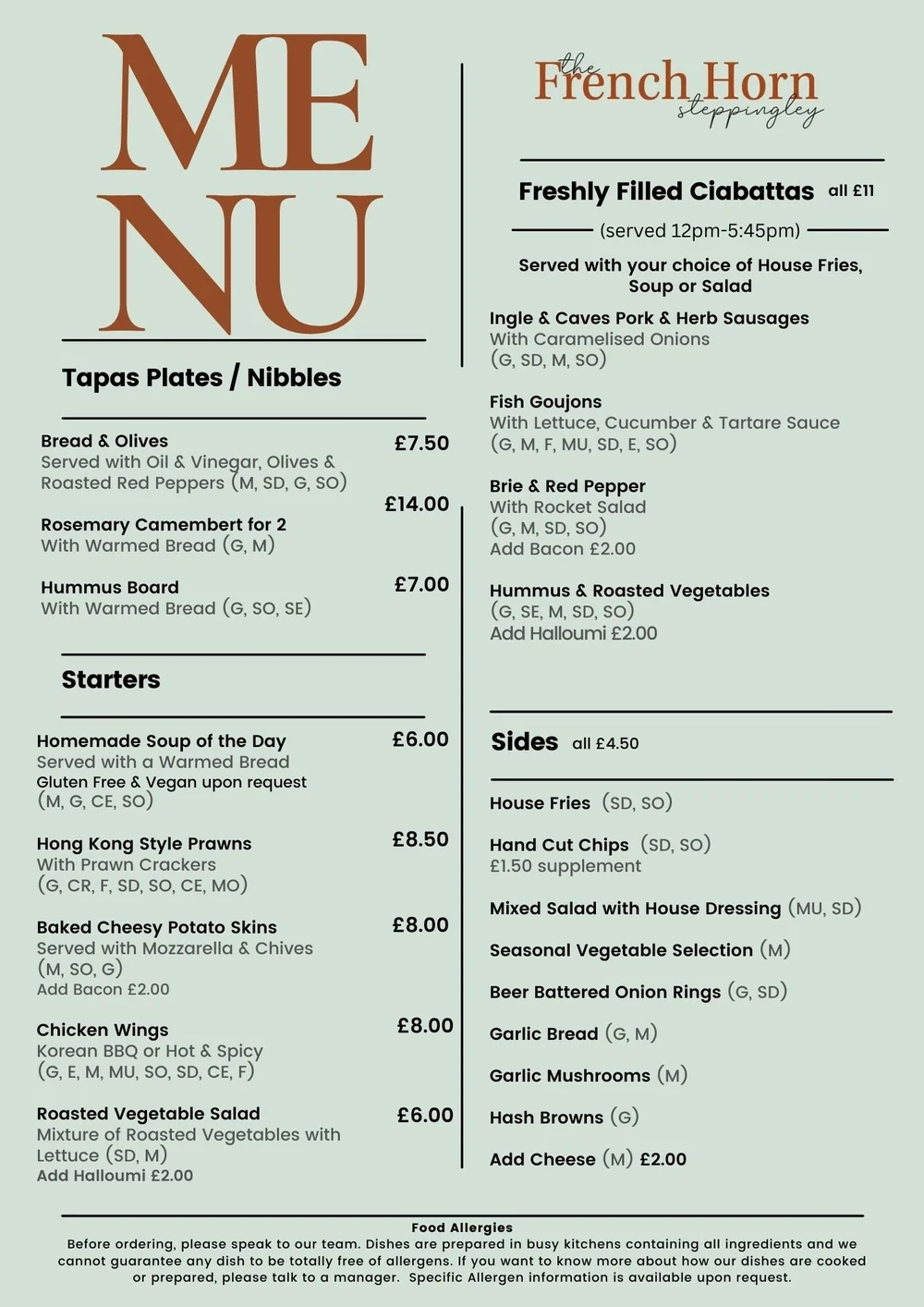 Our Menu — The French Horn The White Horse Husborne Crawley