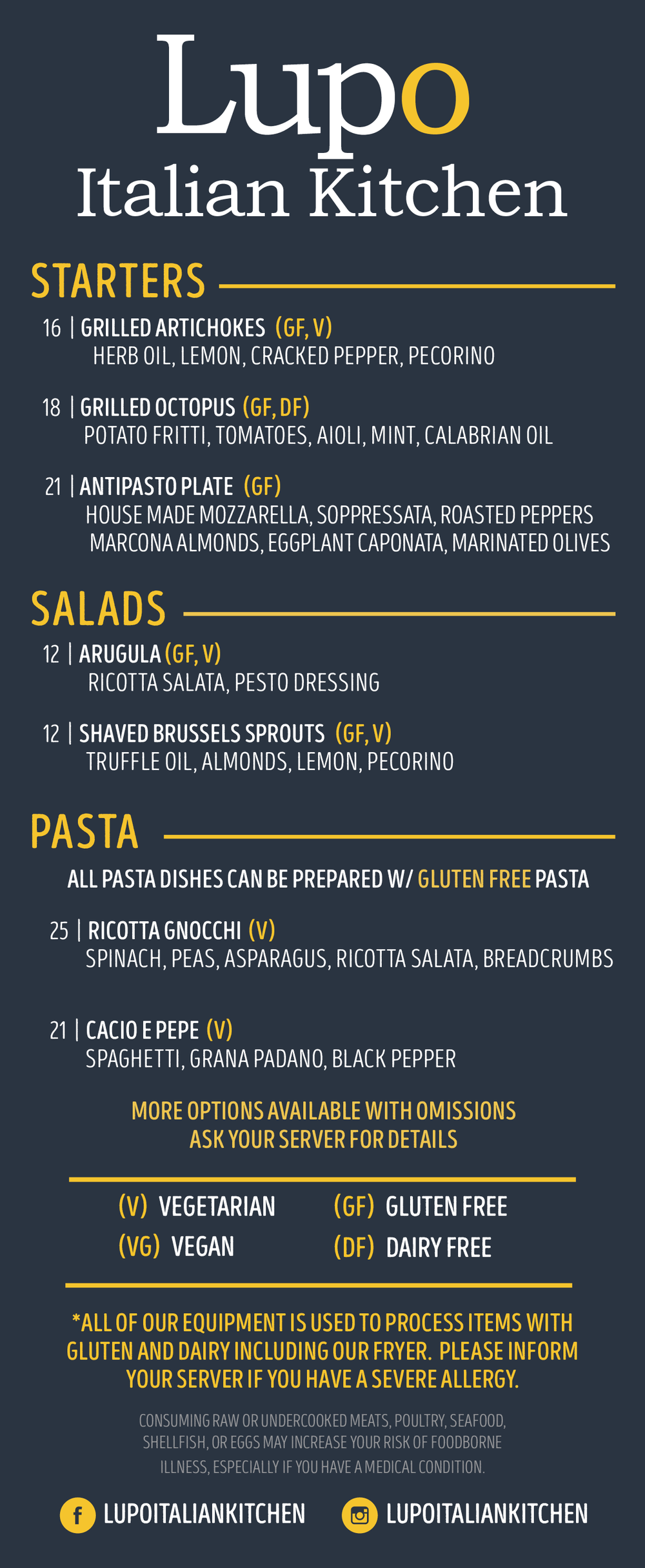 Call-in Menu | Lupo Italian Kitchen in Rehoboth
