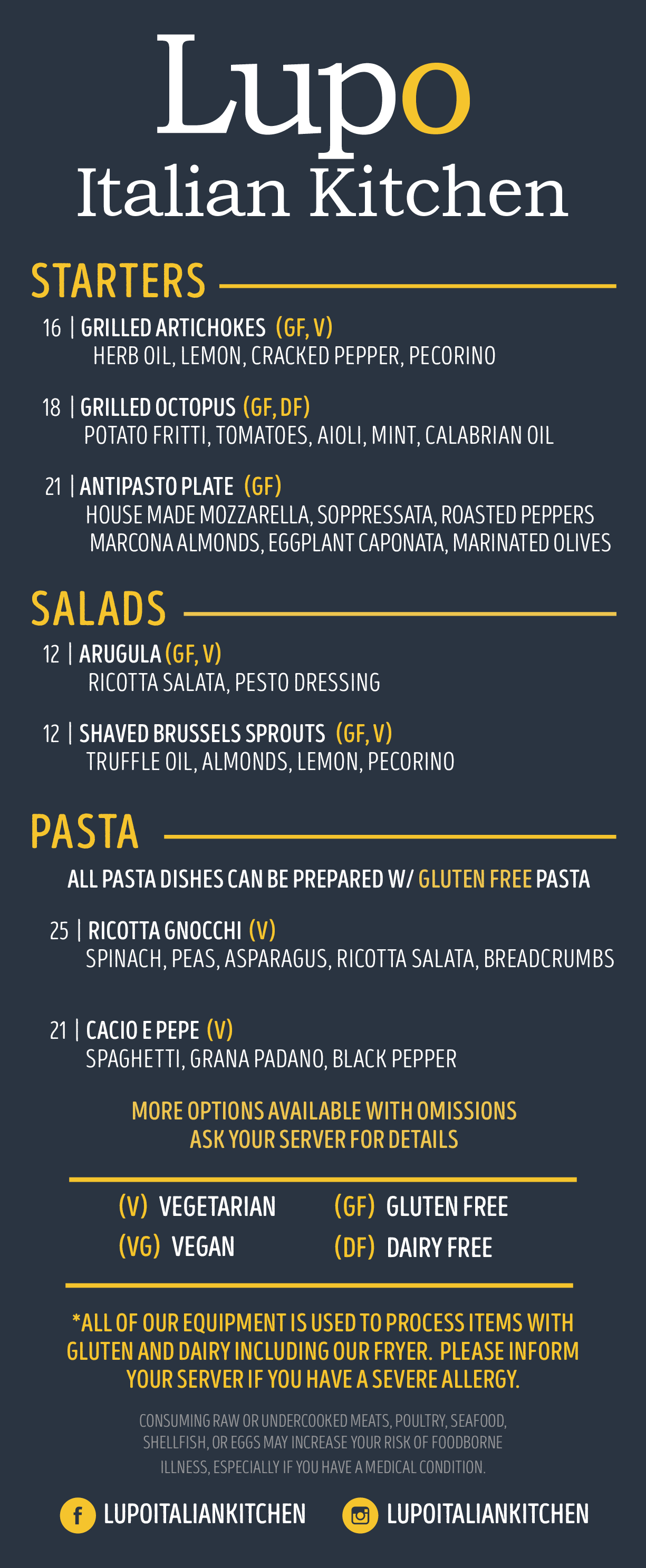 Call-in Menu | Lupo Italian Kitchen in Rehoboth