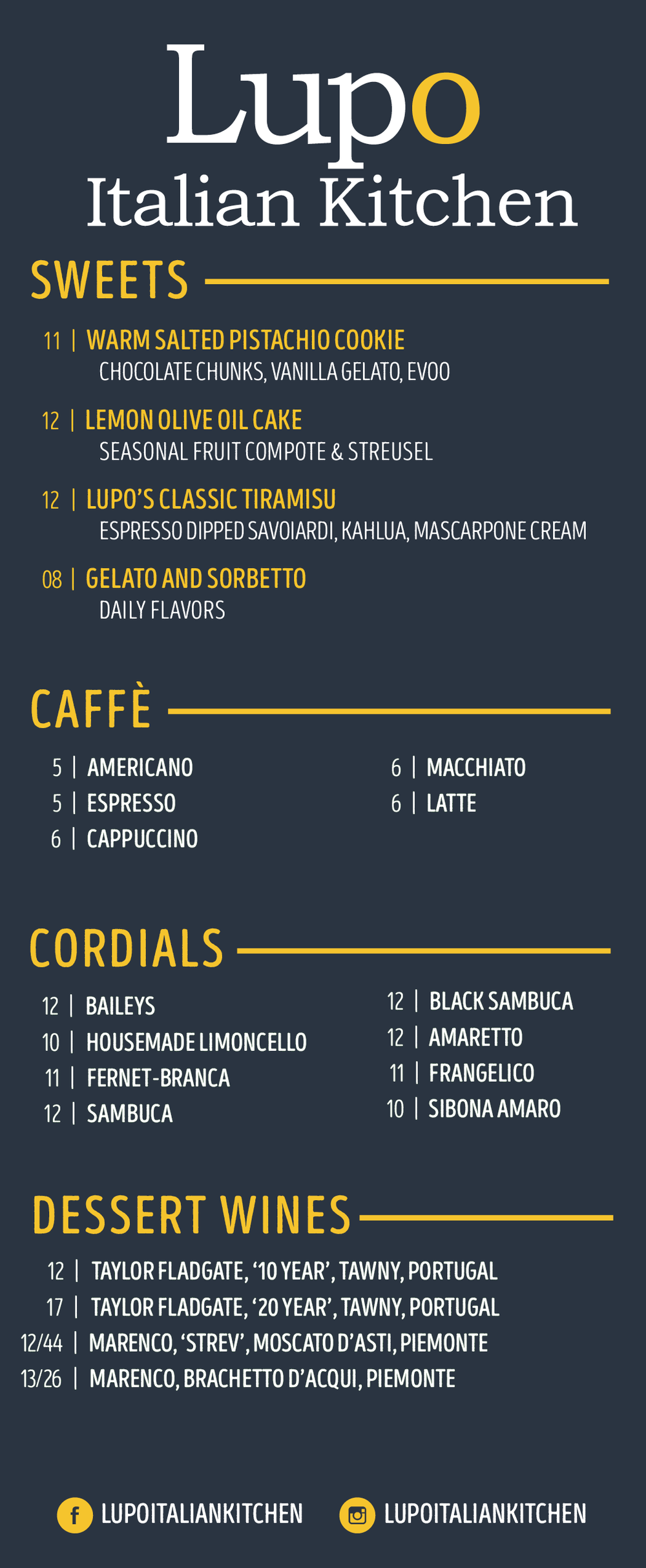 Call-in Menu | Lupo Italian Kitchen in Rehoboth