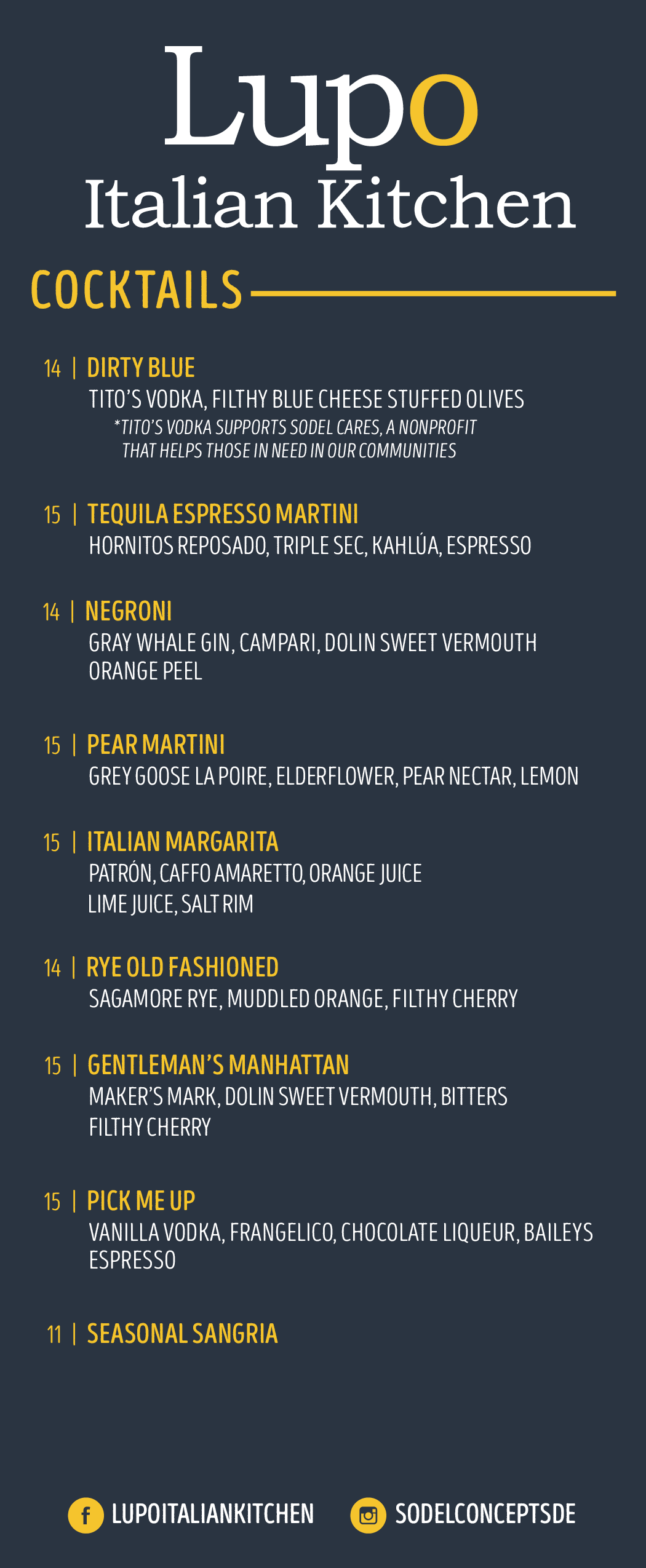 Call-in Menu | Lupo Italian Kitchen in Rehoboth