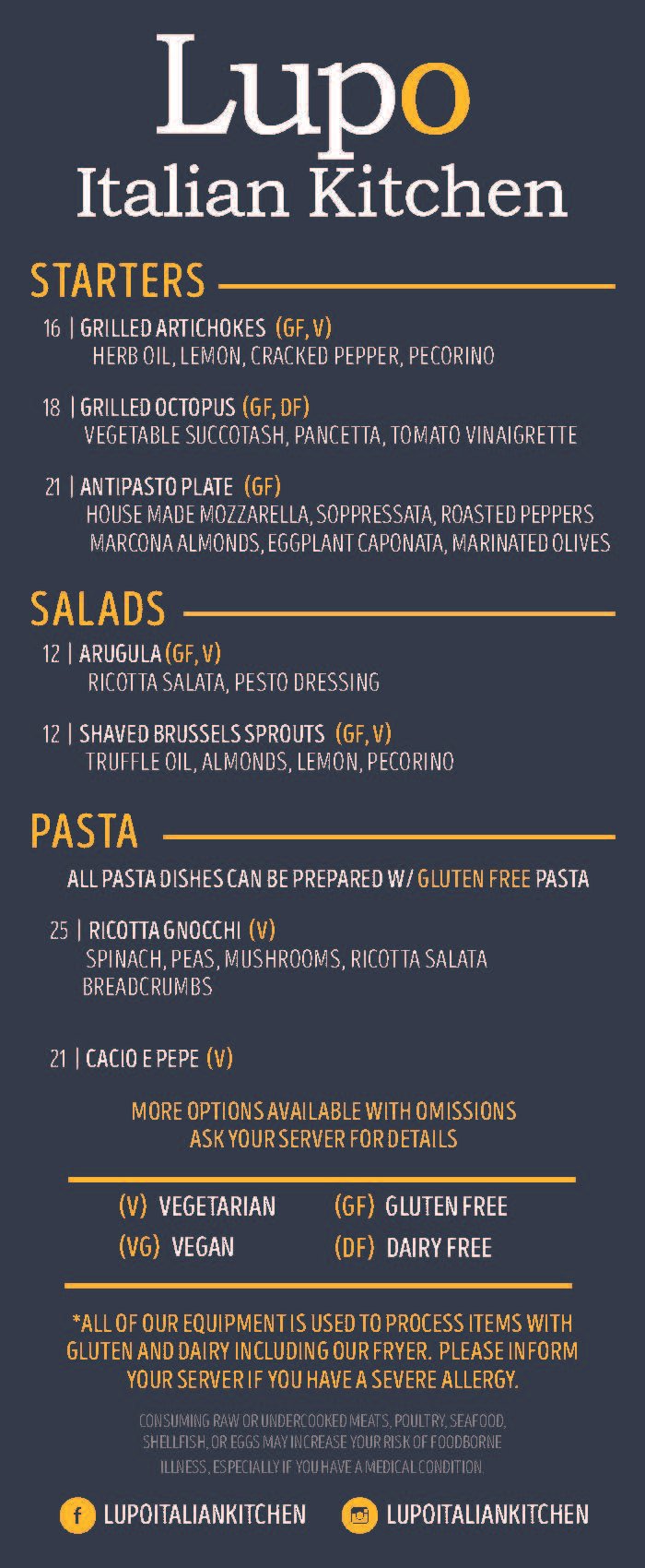 Call-in Menu | Lupo Italian Kitchen in Rehoboth