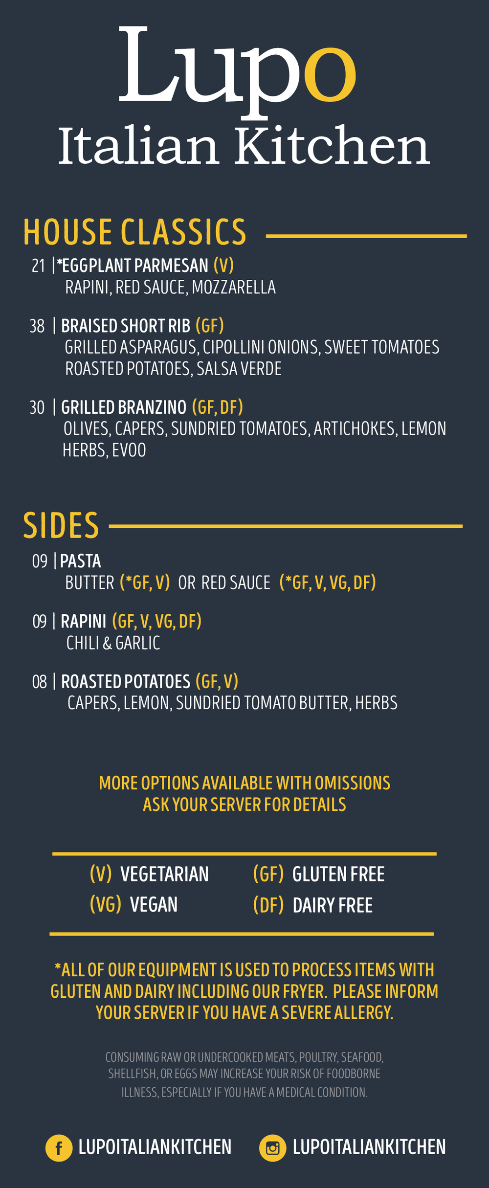 Call-in Menu | Lupo Italian Kitchen in Rehoboth