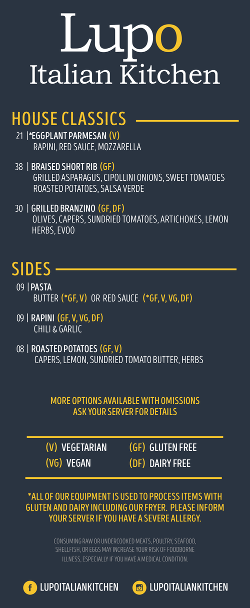 Call-in Menu | Lupo Italian Kitchen in Rehoboth