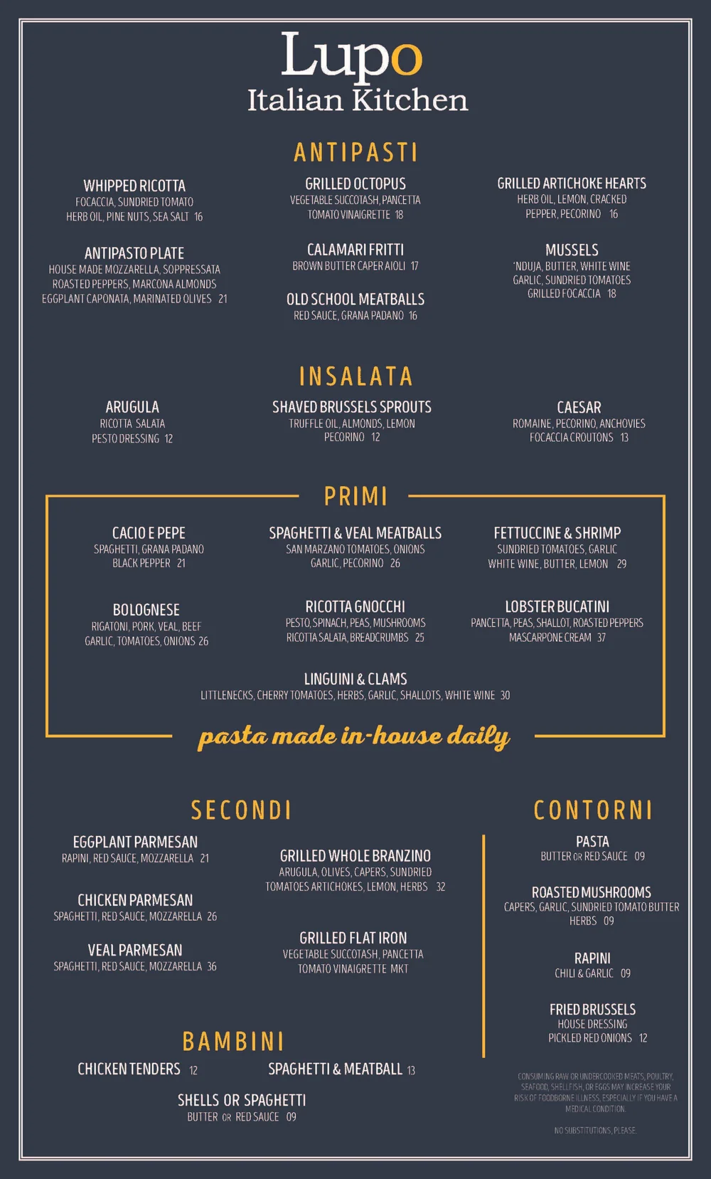 Call-in Menu | Lupo Italian Kitchen in Rehoboth