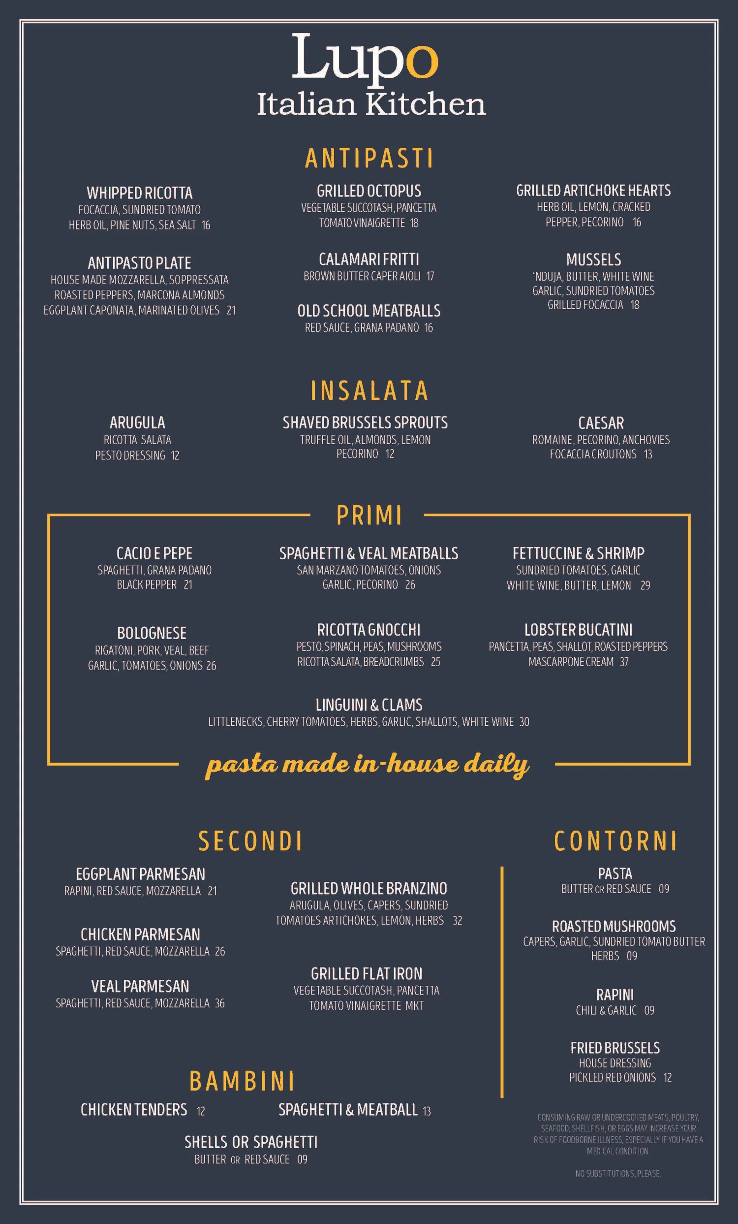 Call-in Menu | Lupo Italian Kitchen in Rehoboth