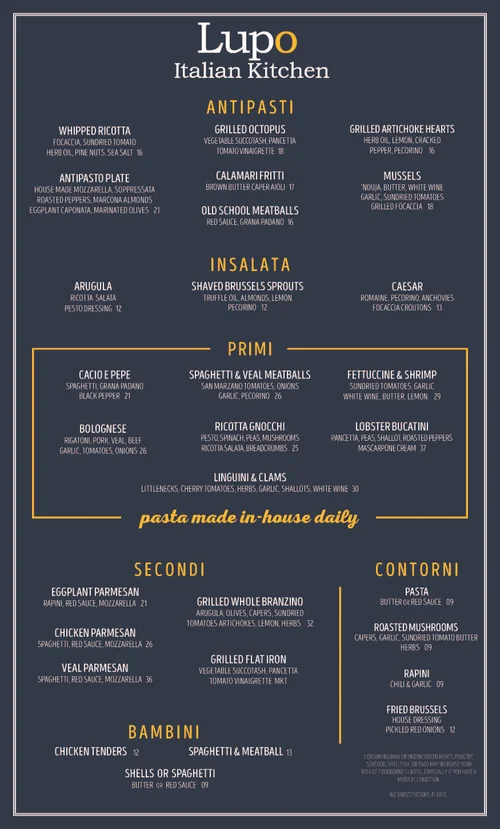Call-in Menu | Lupo Italian Kitchen in Rehoboth