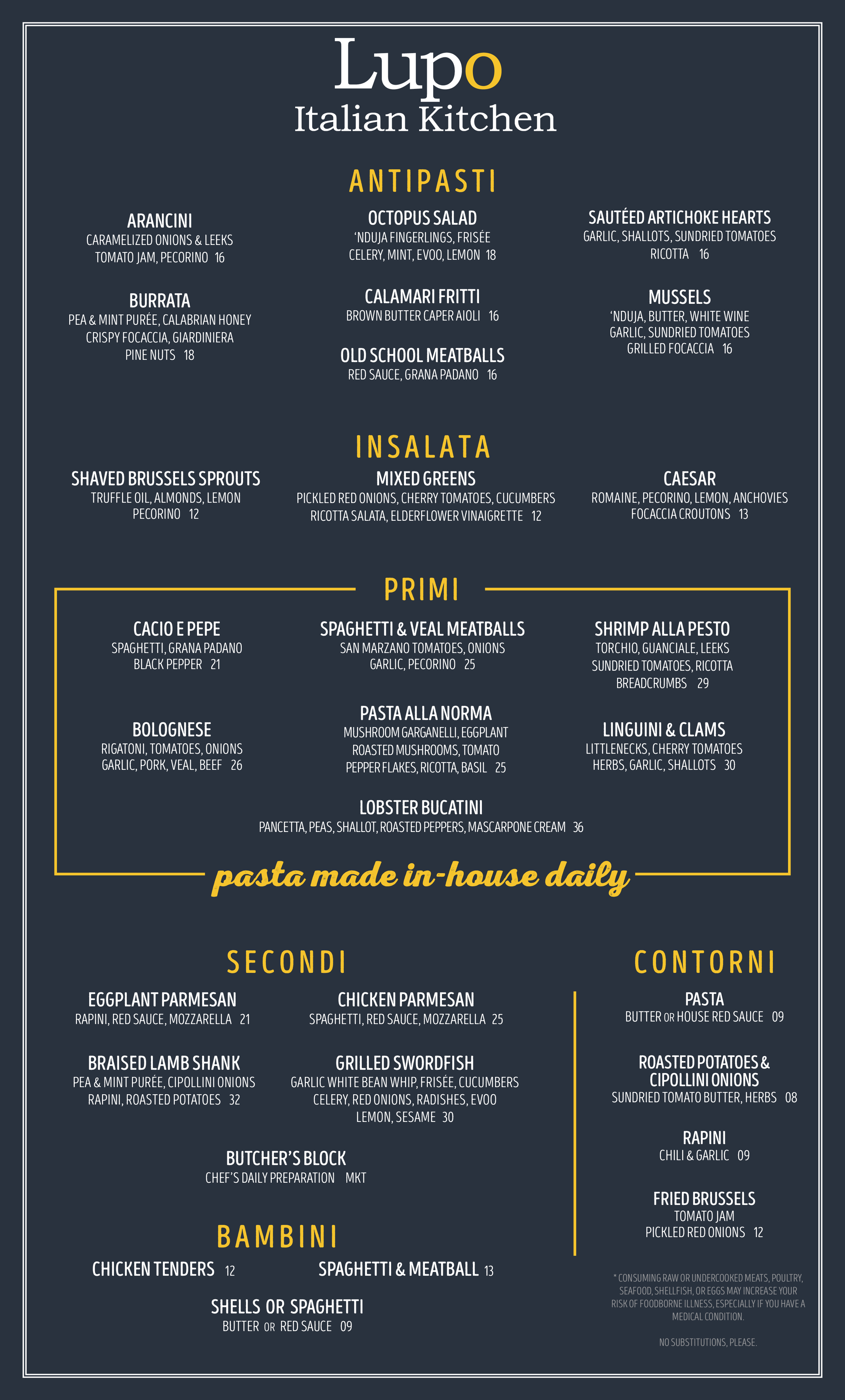 Call-in Menu | Lupo Italian Kitchen in Rehoboth