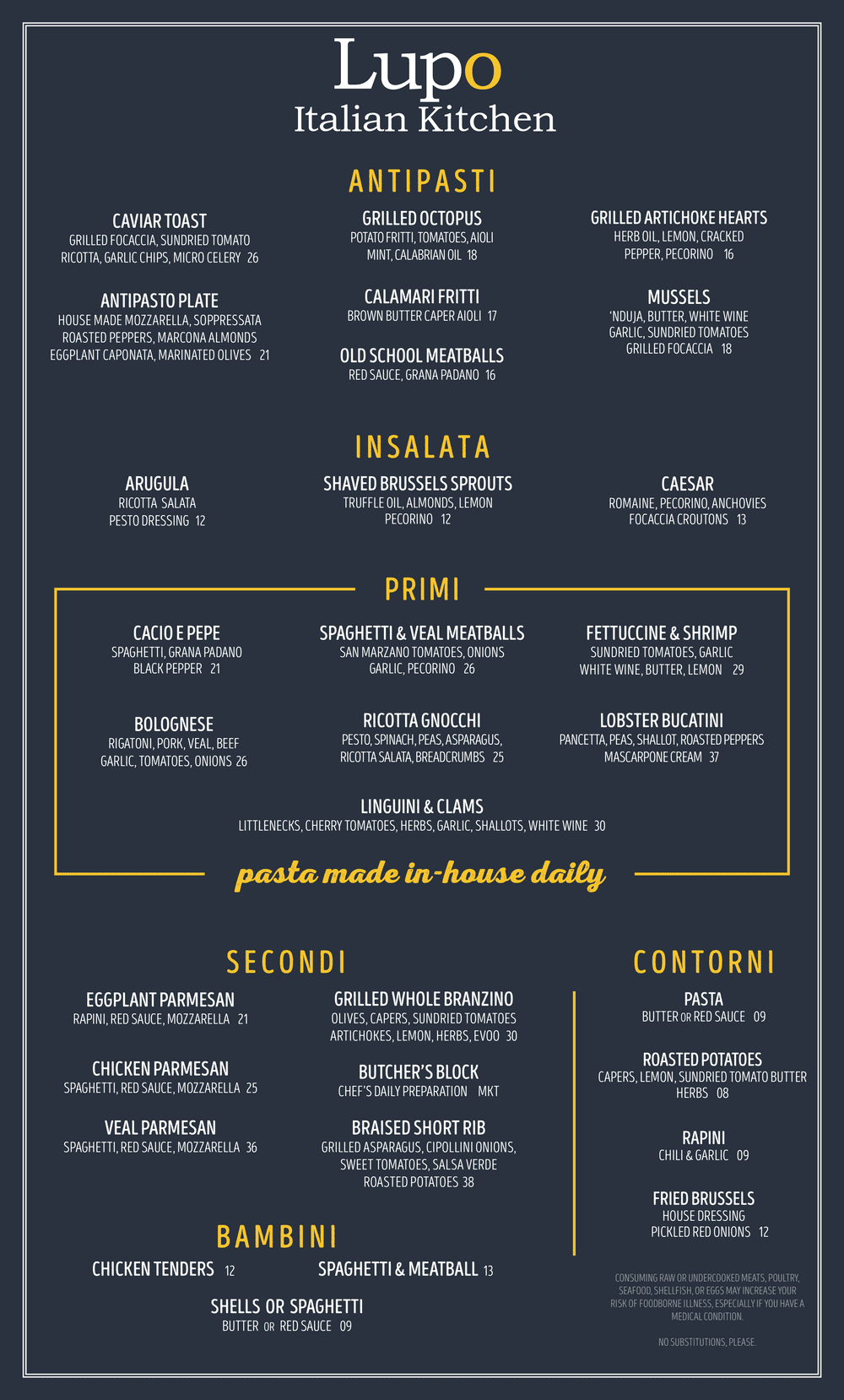 Call-in Menu | Lupo Italian Kitchen in Rehoboth