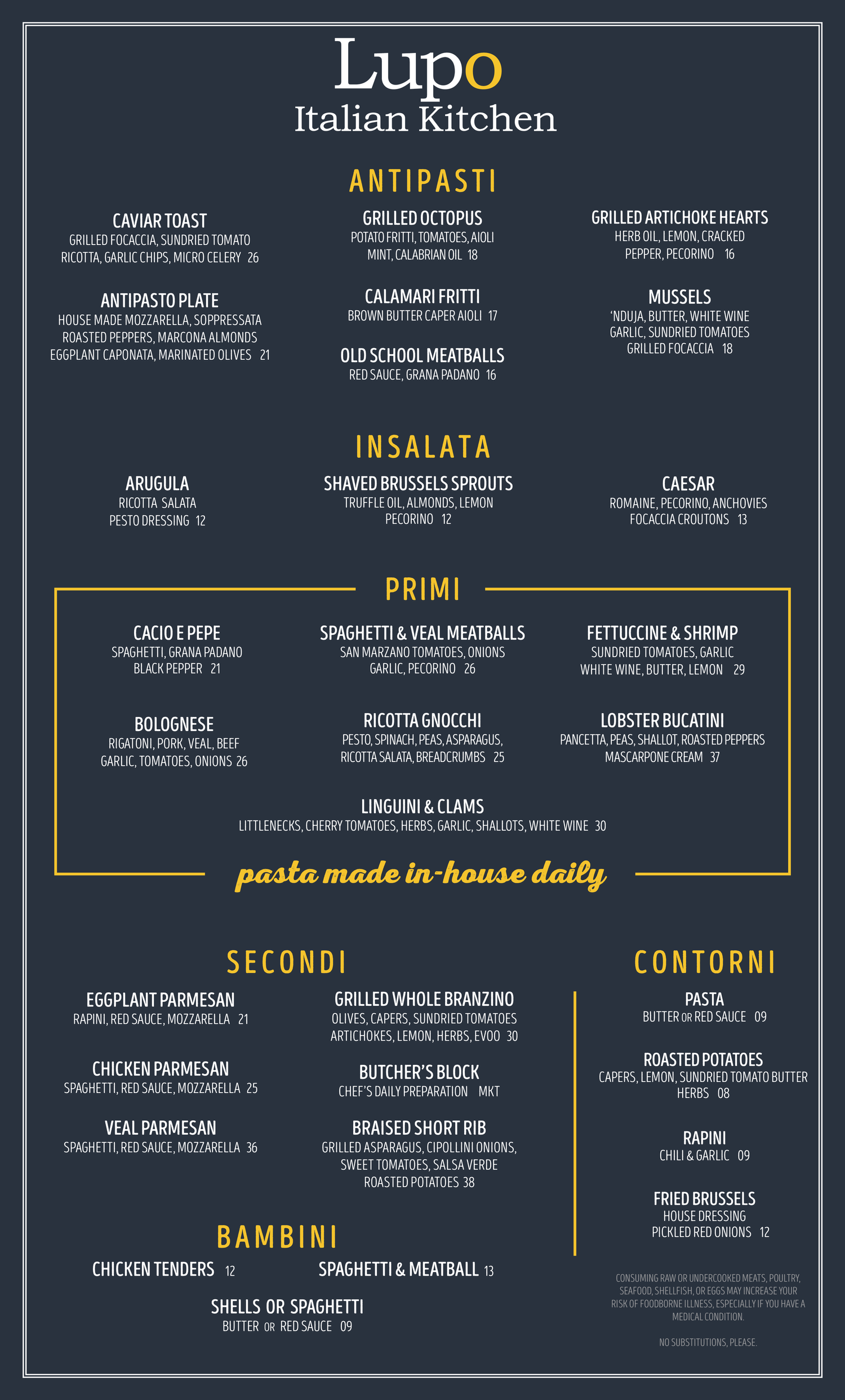 Call-in Menu | Lupo Italian Kitchen in Rehoboth