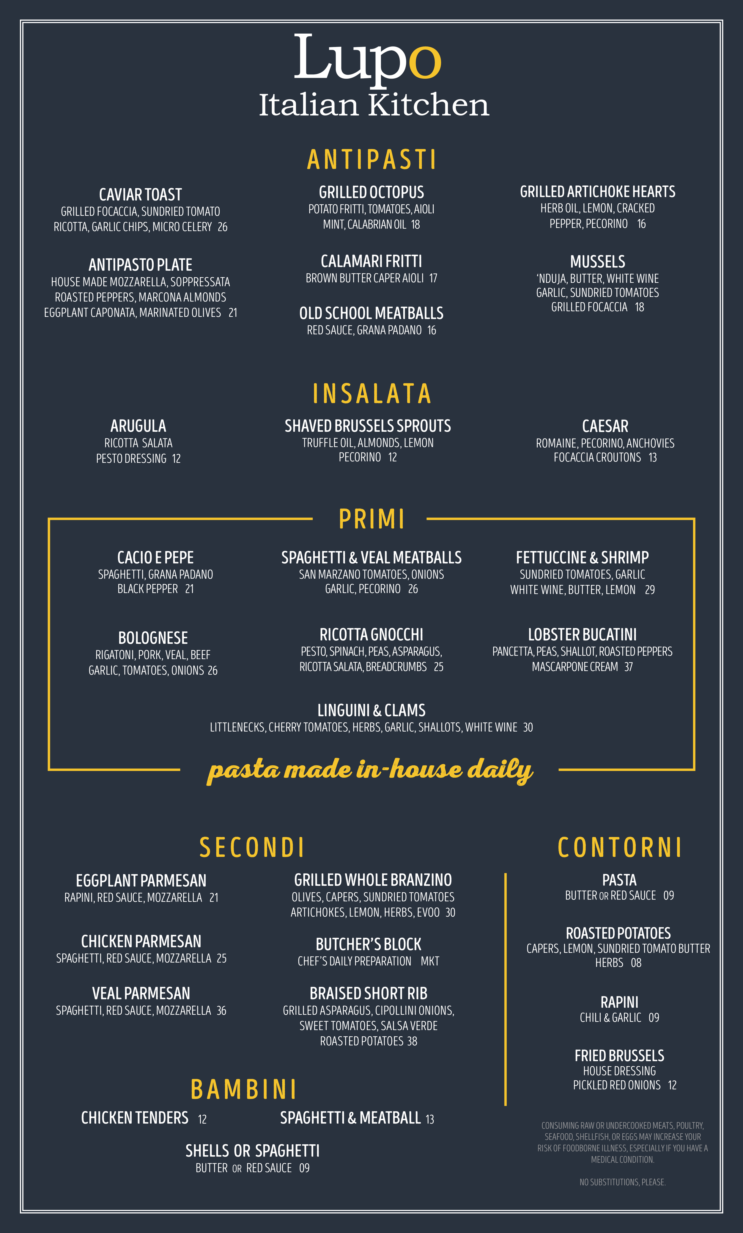 Call-in Menu | Lupo Italian Kitchen in Rehoboth