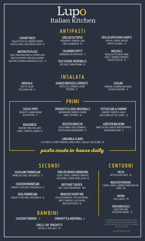 Call-in Menu | Lupo Italian Kitchen in Rehoboth