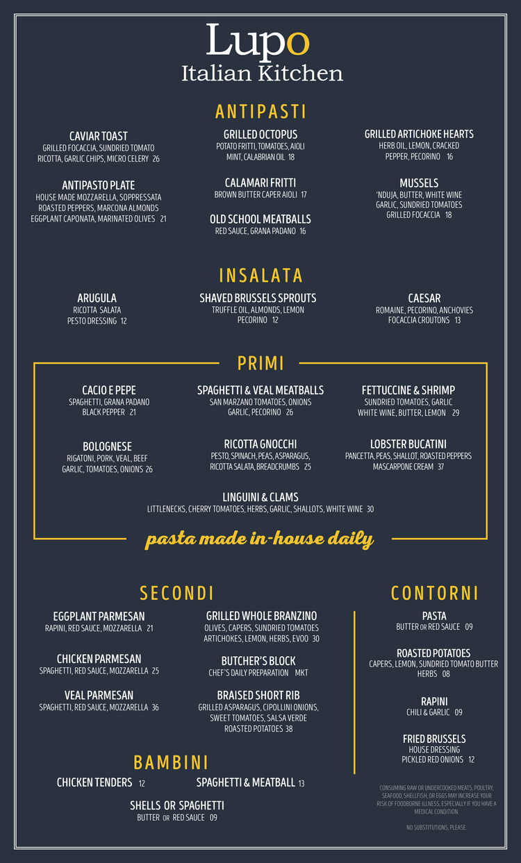 Call-in Menu | Lupo Italian Kitchen in Rehoboth