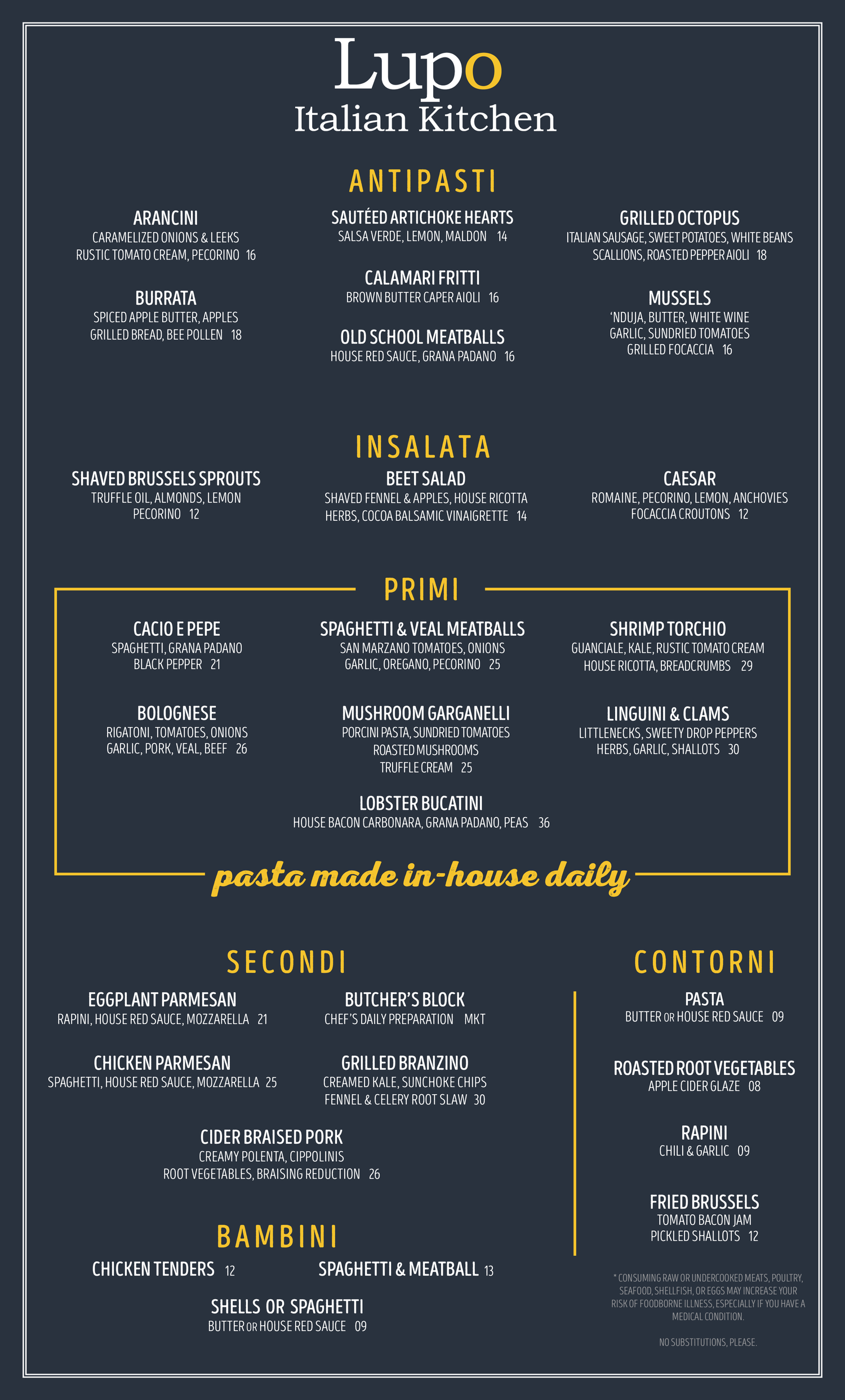 Call-in Menu | Lupo Italian Kitchen in Rehoboth