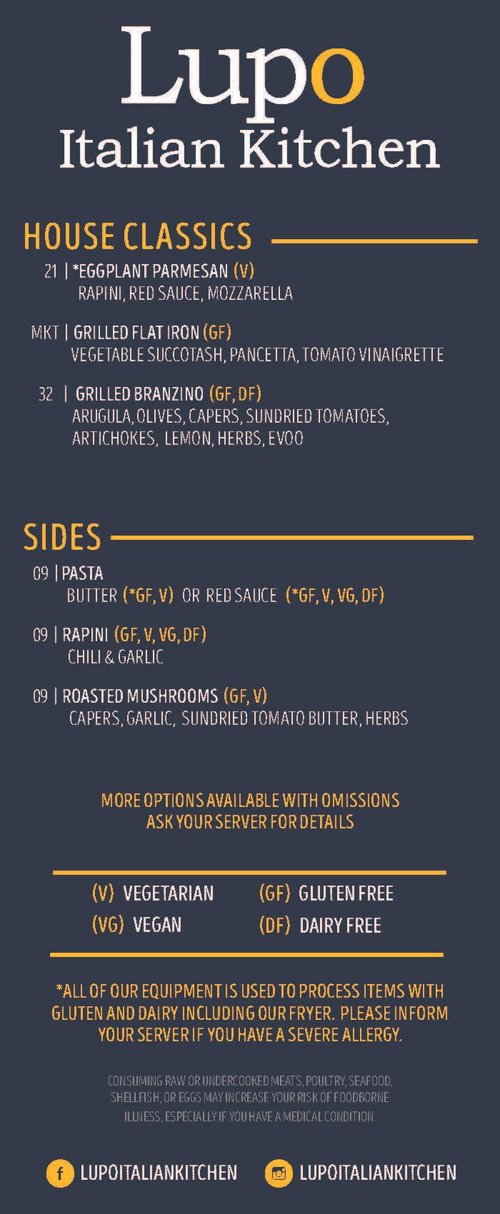 Call-in Menu | Lupo Italian Kitchen in Rehoboth