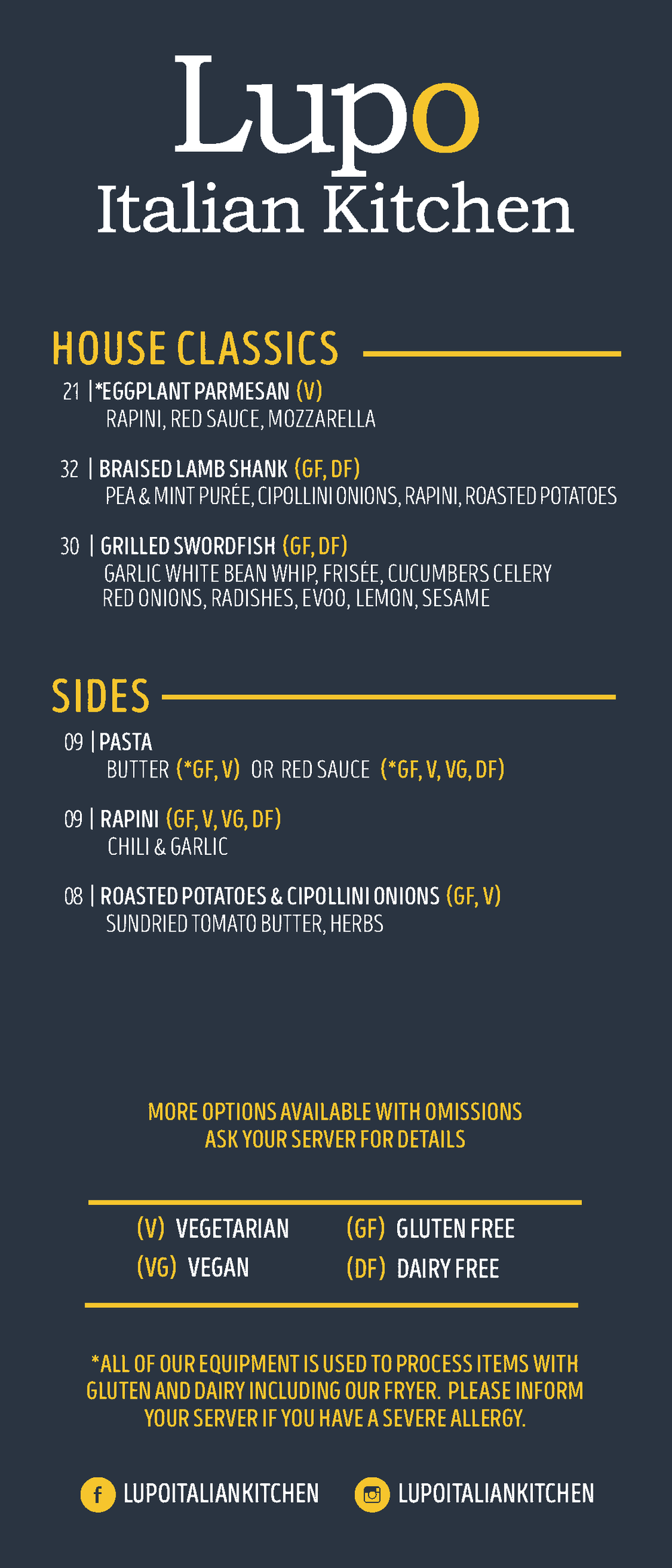 Call-in Menu | Lupo Italian Kitchen in Rehoboth