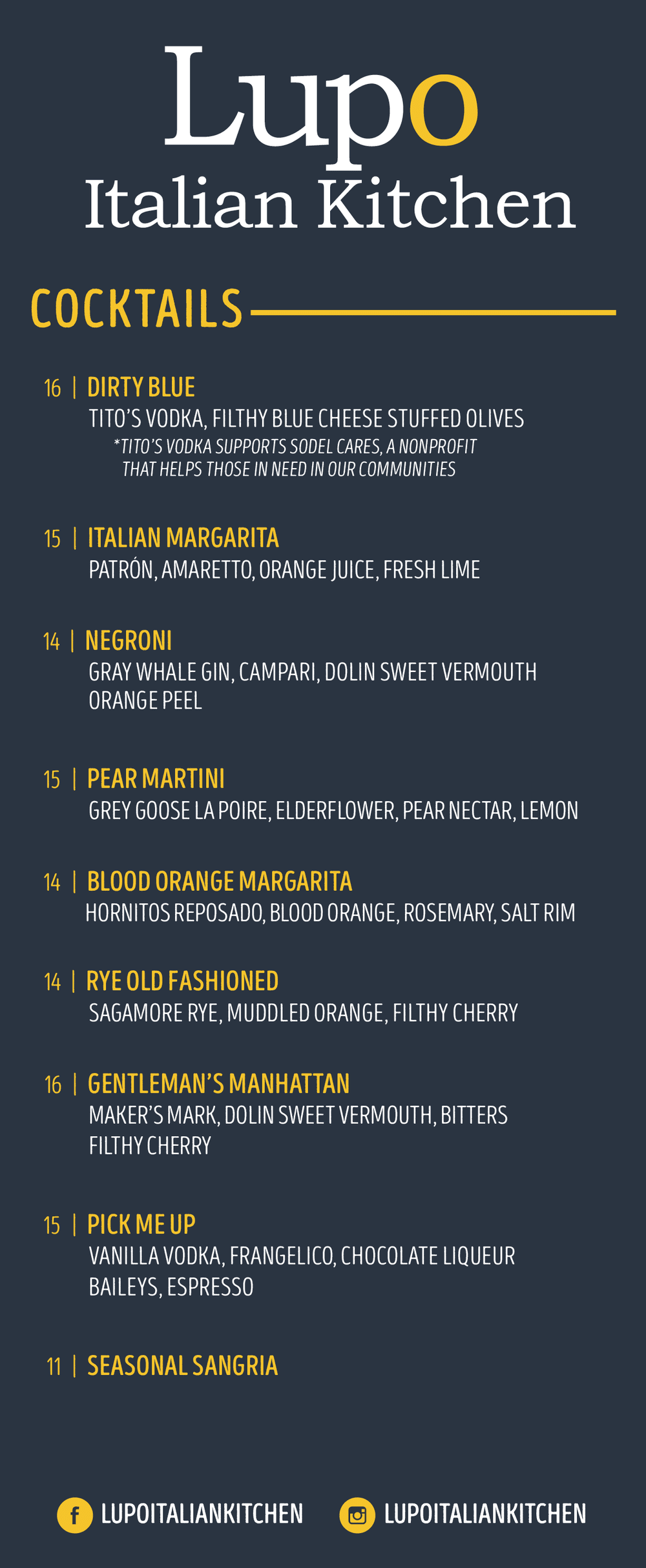 Call-in Menu | Lupo Italian Kitchen in Rehoboth
