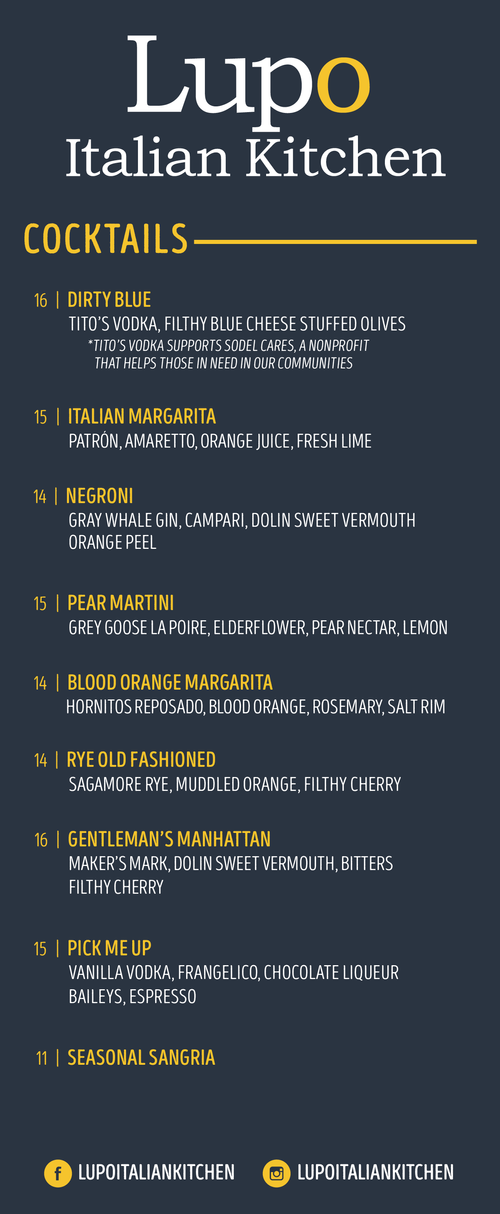 Call-in Menu | Lupo Italian Kitchen in Rehoboth