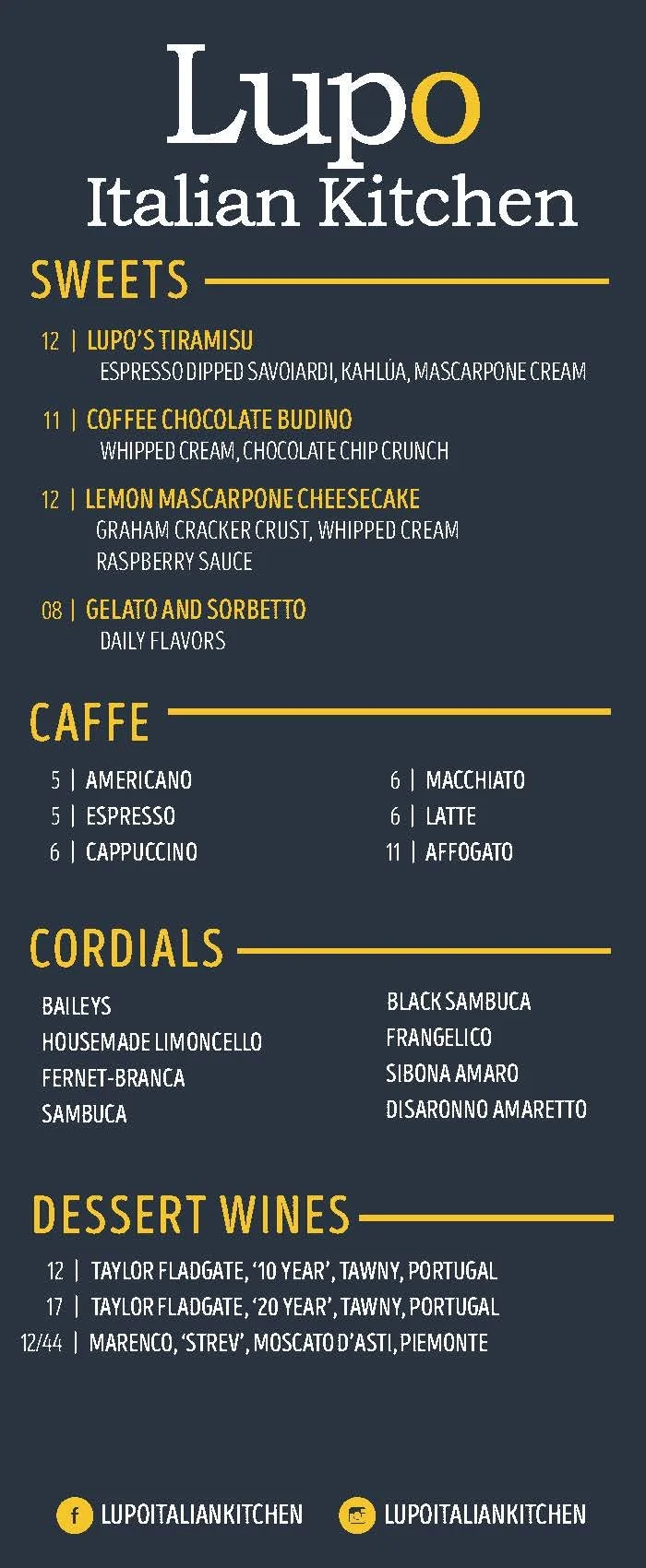 Call-in Menu | Lupo Italian Kitchen in Rehoboth
