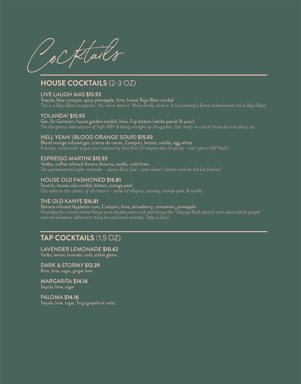 MENU — Track & Field Bar