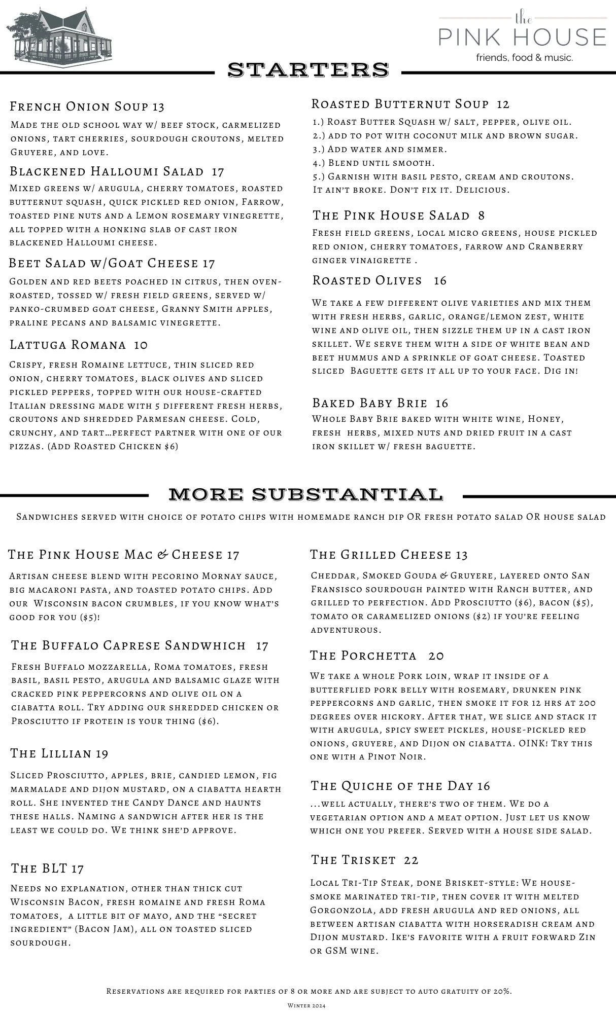 MENU — THE PINK HOUSE
