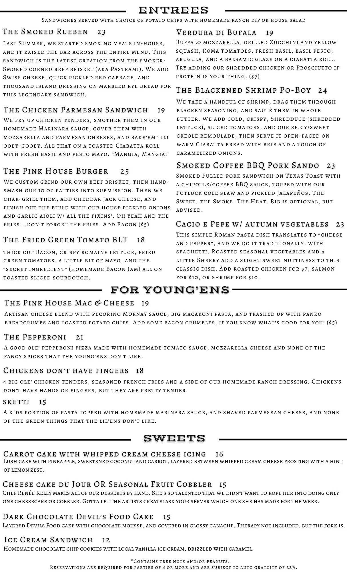 MENU — THE PINK HOUSE