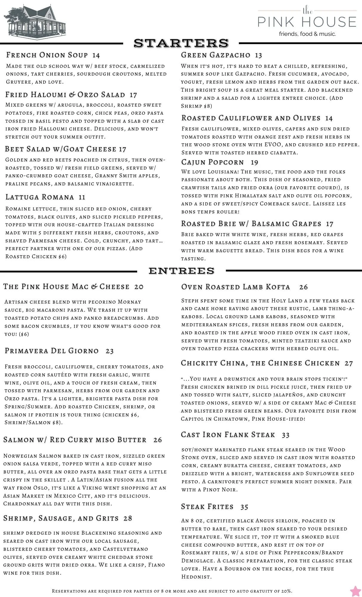MENU — THE PINK HOUSE