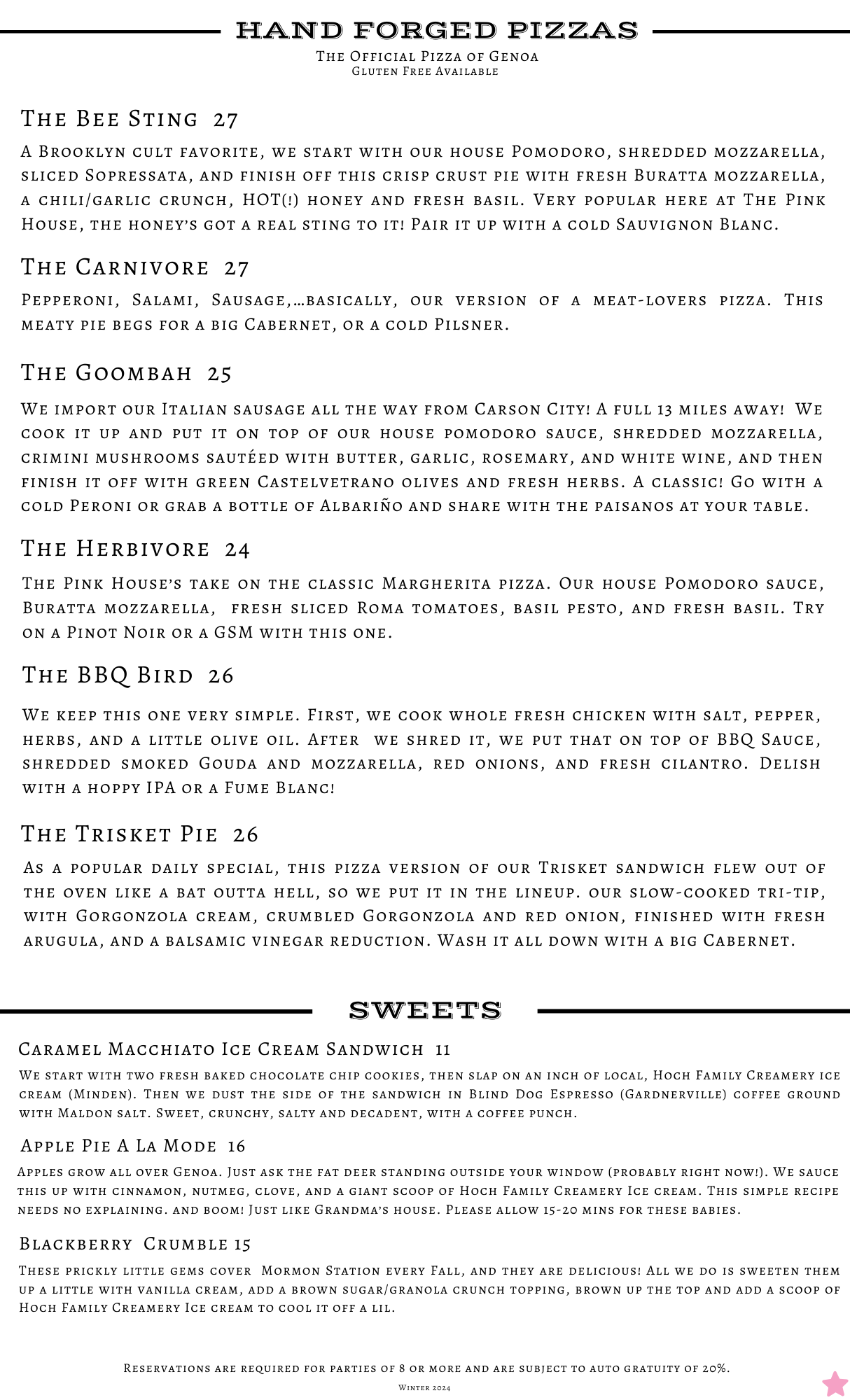 MENU — THE PINK HOUSE