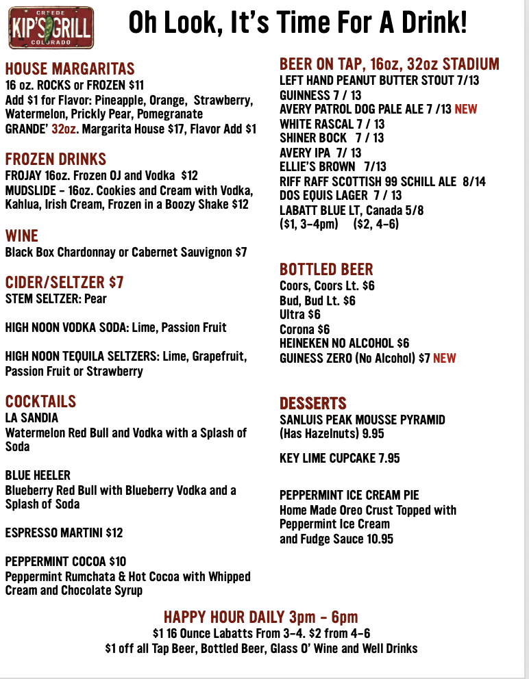 CREEDE MENU — Kip's Grill