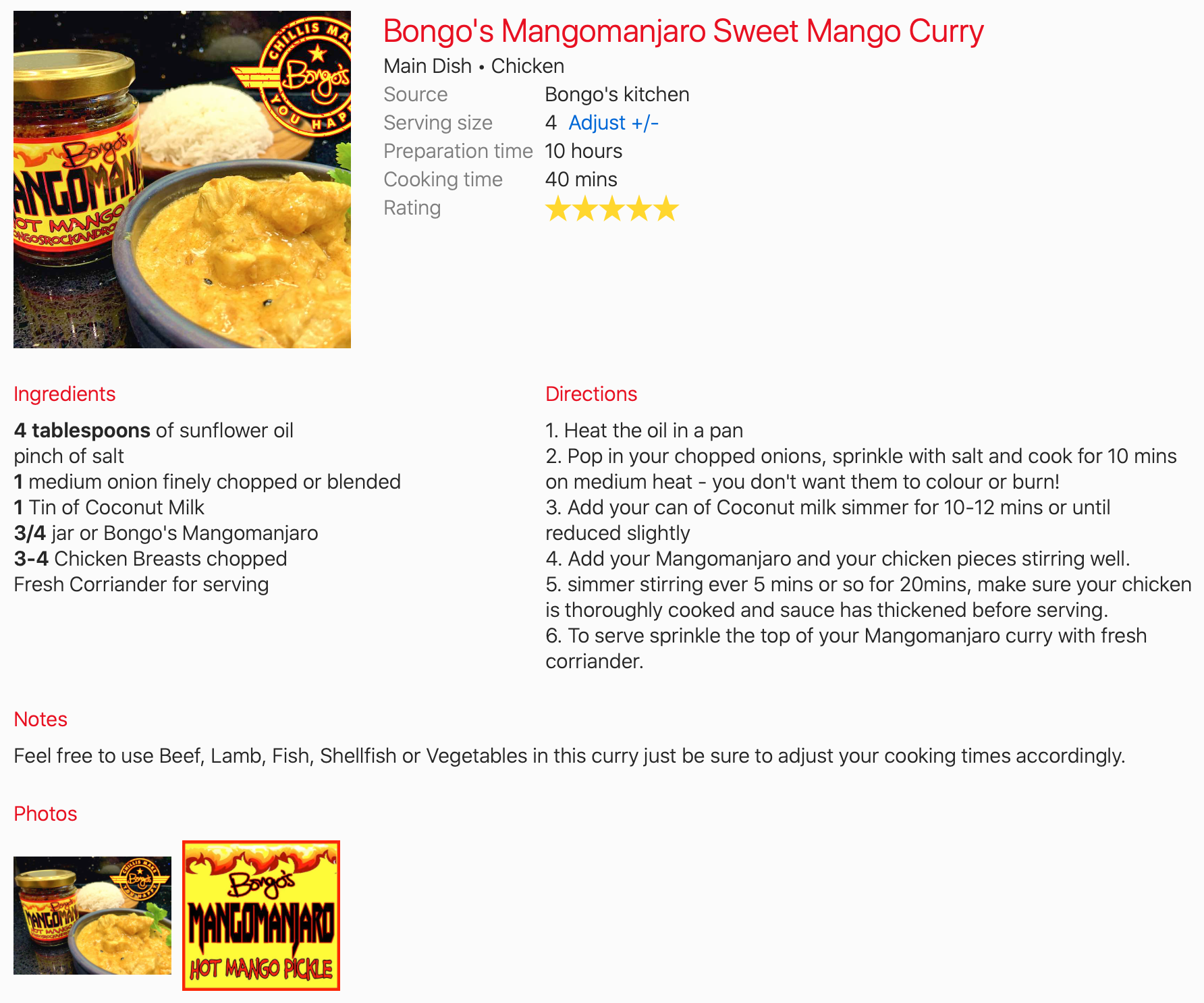 Bongo's Mangomanjaro Sweet, Spicy and Creamy Curry — Bongo's Chillis