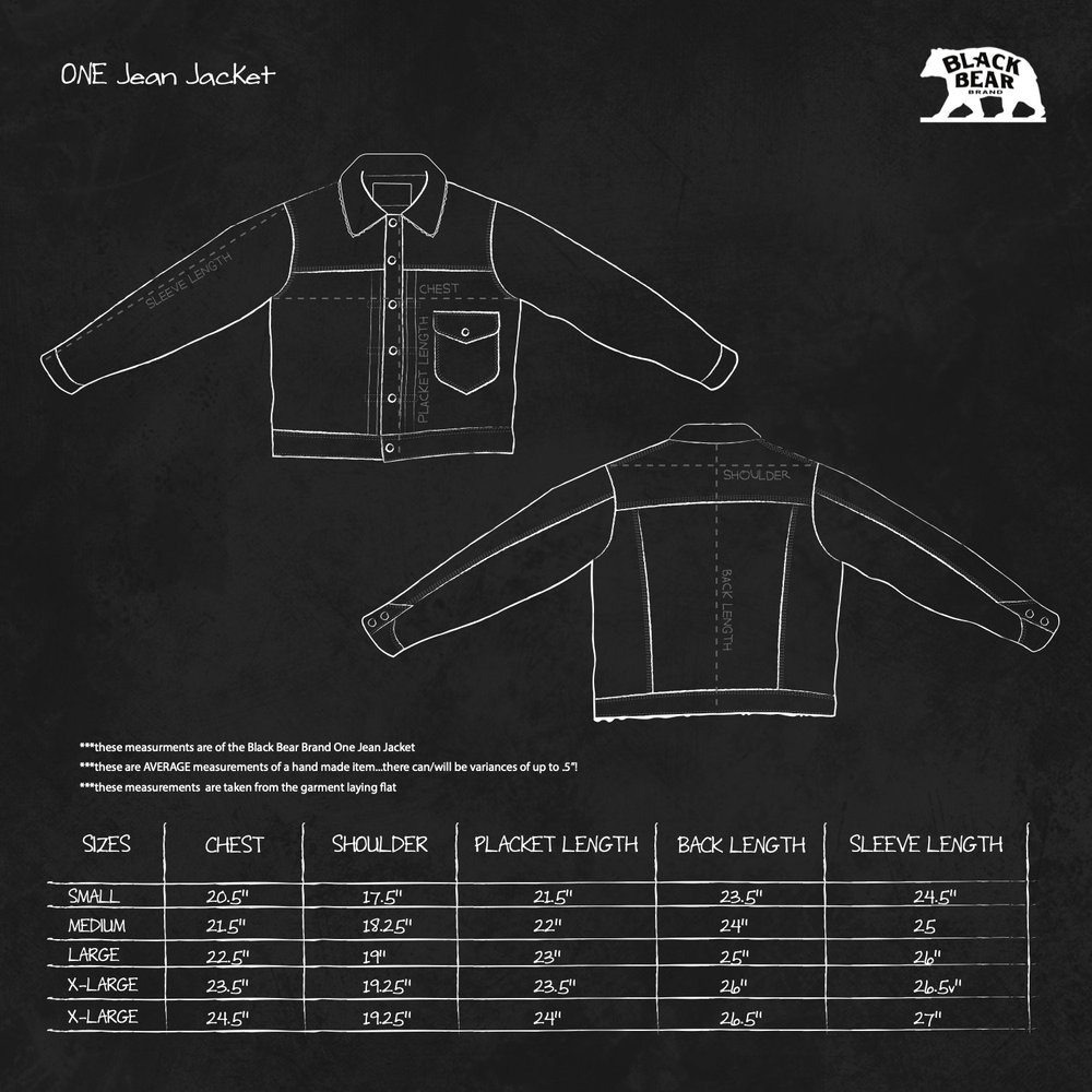 jean jacket size guide — Black Bear Brand