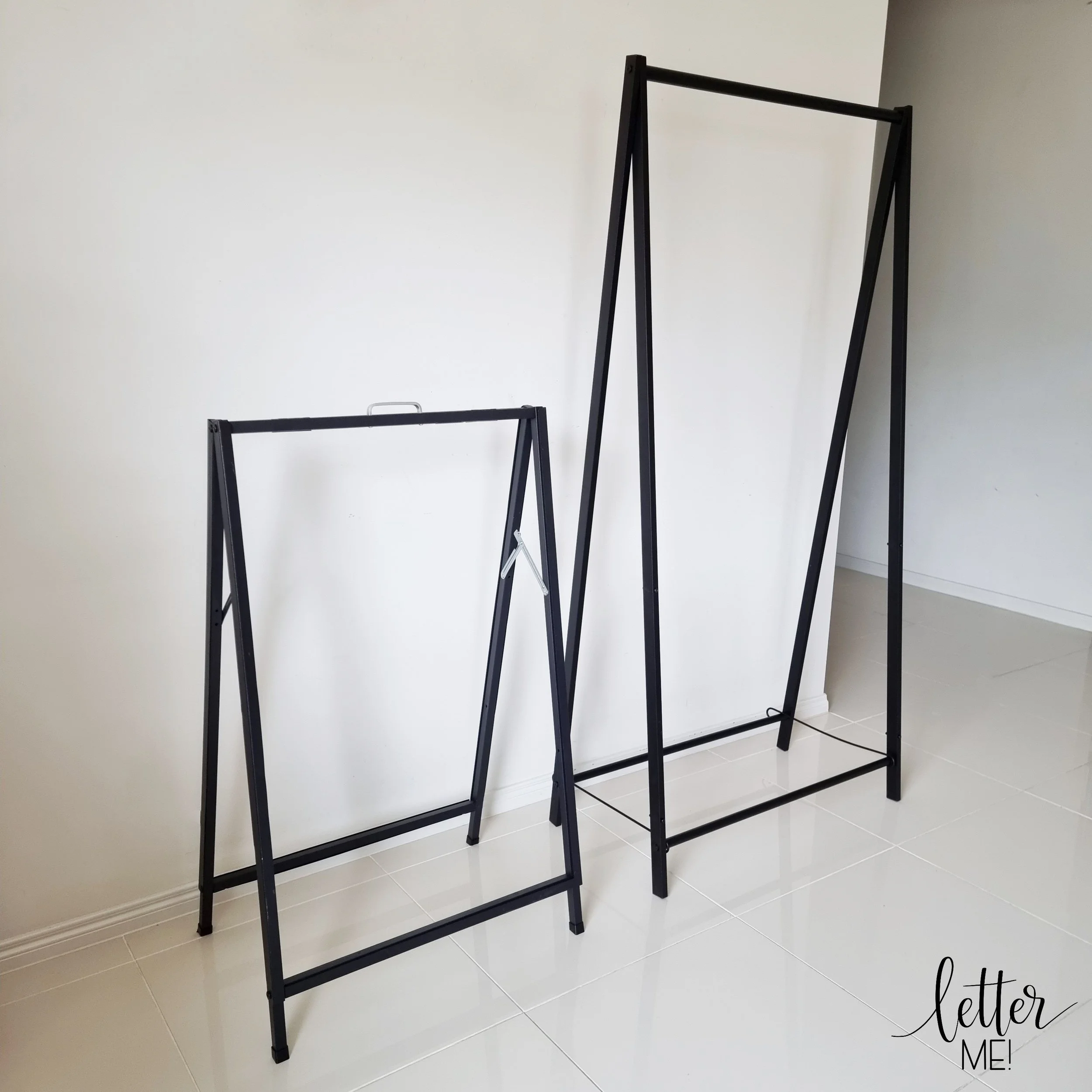 Black signage frames for hire — Letter Me!