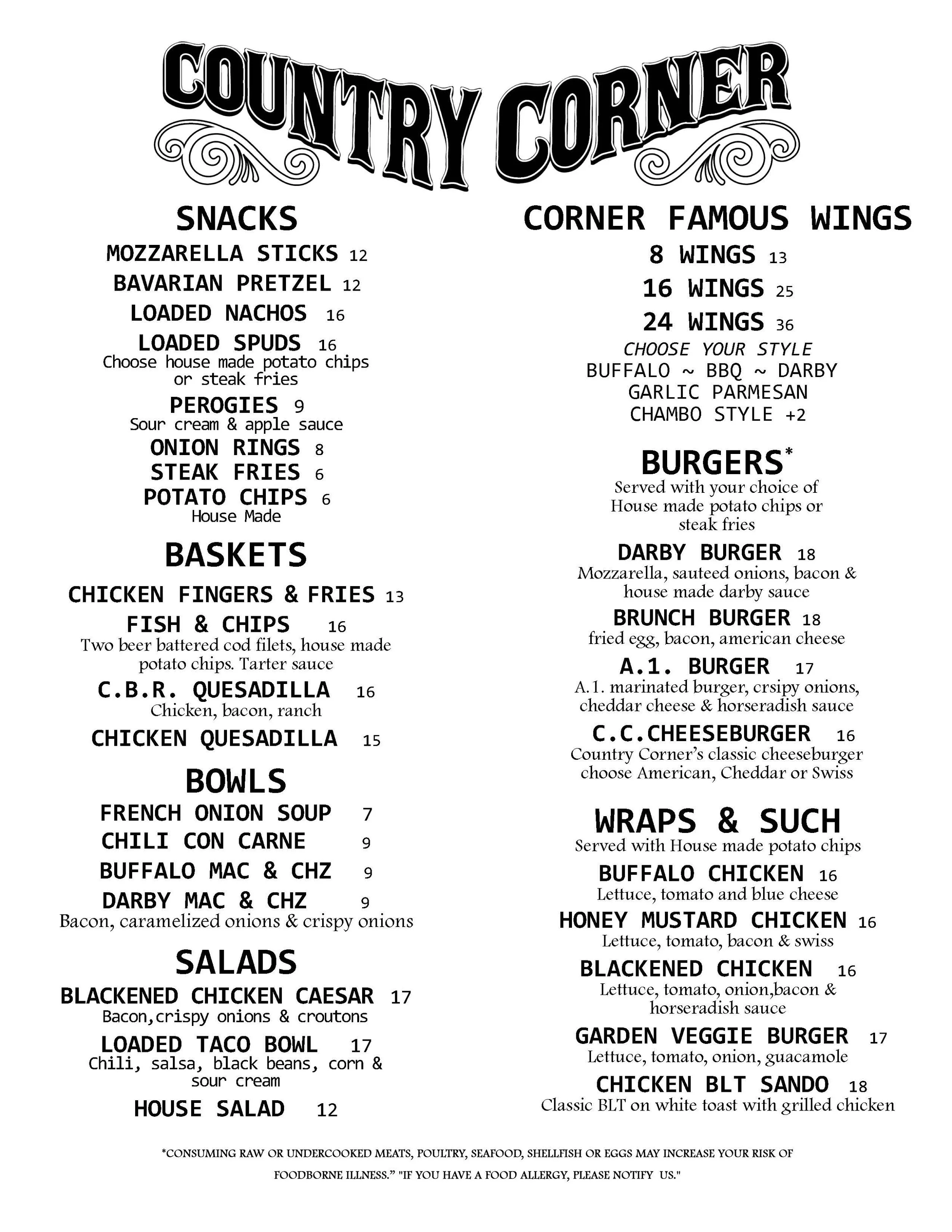 Menu — The Country Corner