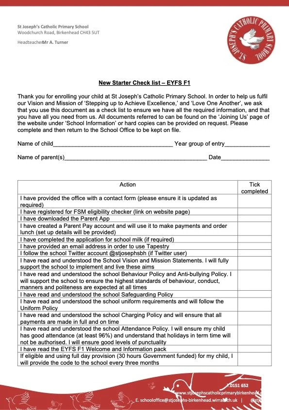 EYFS F1 New Starters — St Joseph's Catholic Primary School