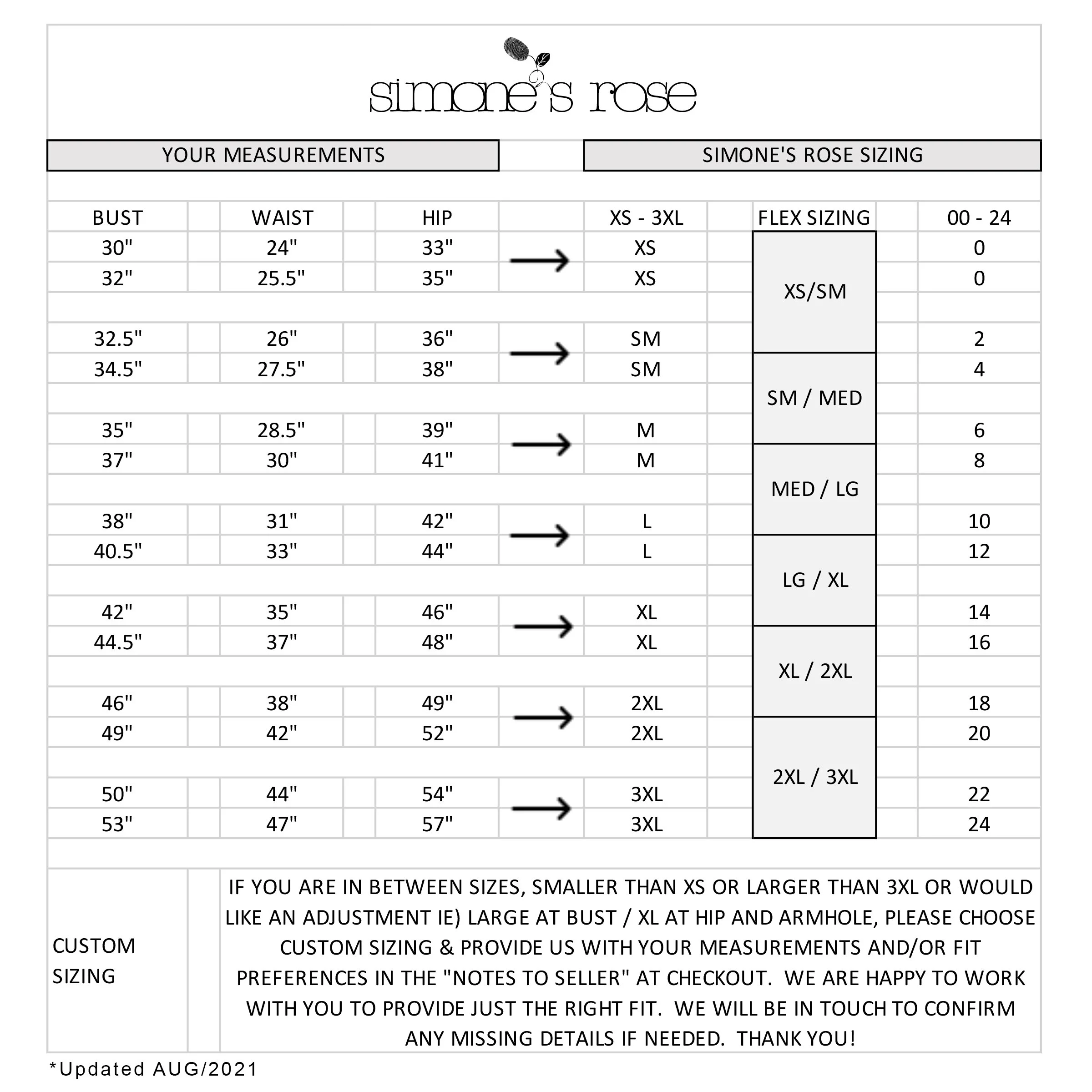 Sizing & Care — Simone's Rose